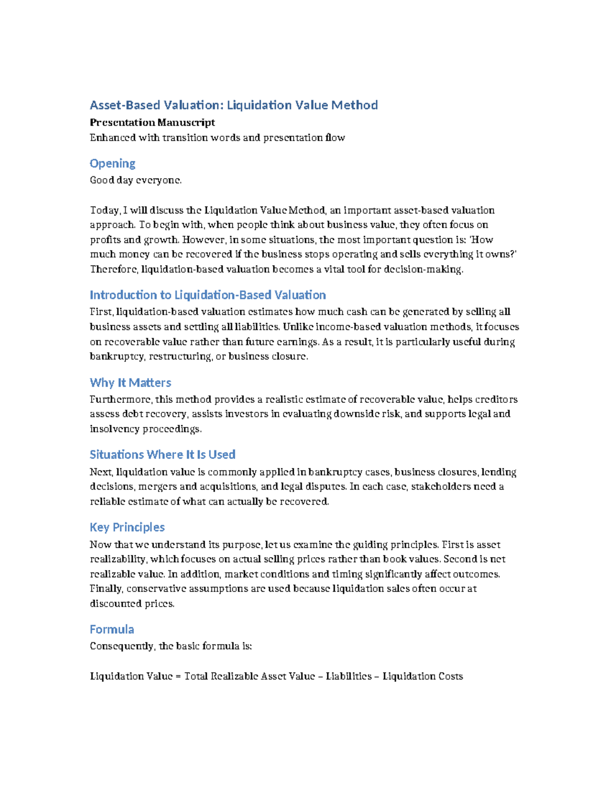Liquidation Value Method Presentation Manuscript: Key Insights and ...