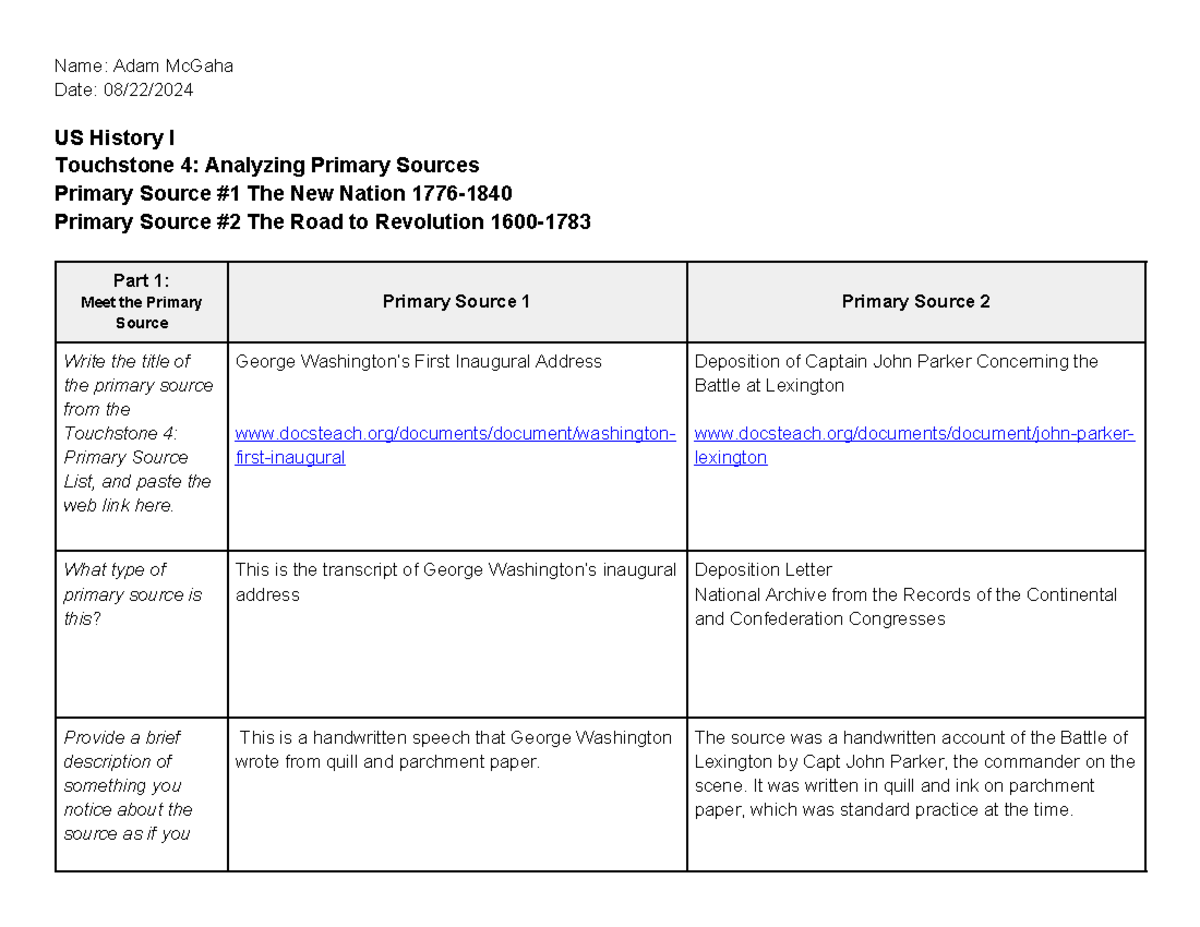 US History I Touchstone 4: Analyzing Primary Sources Summary - Studocu