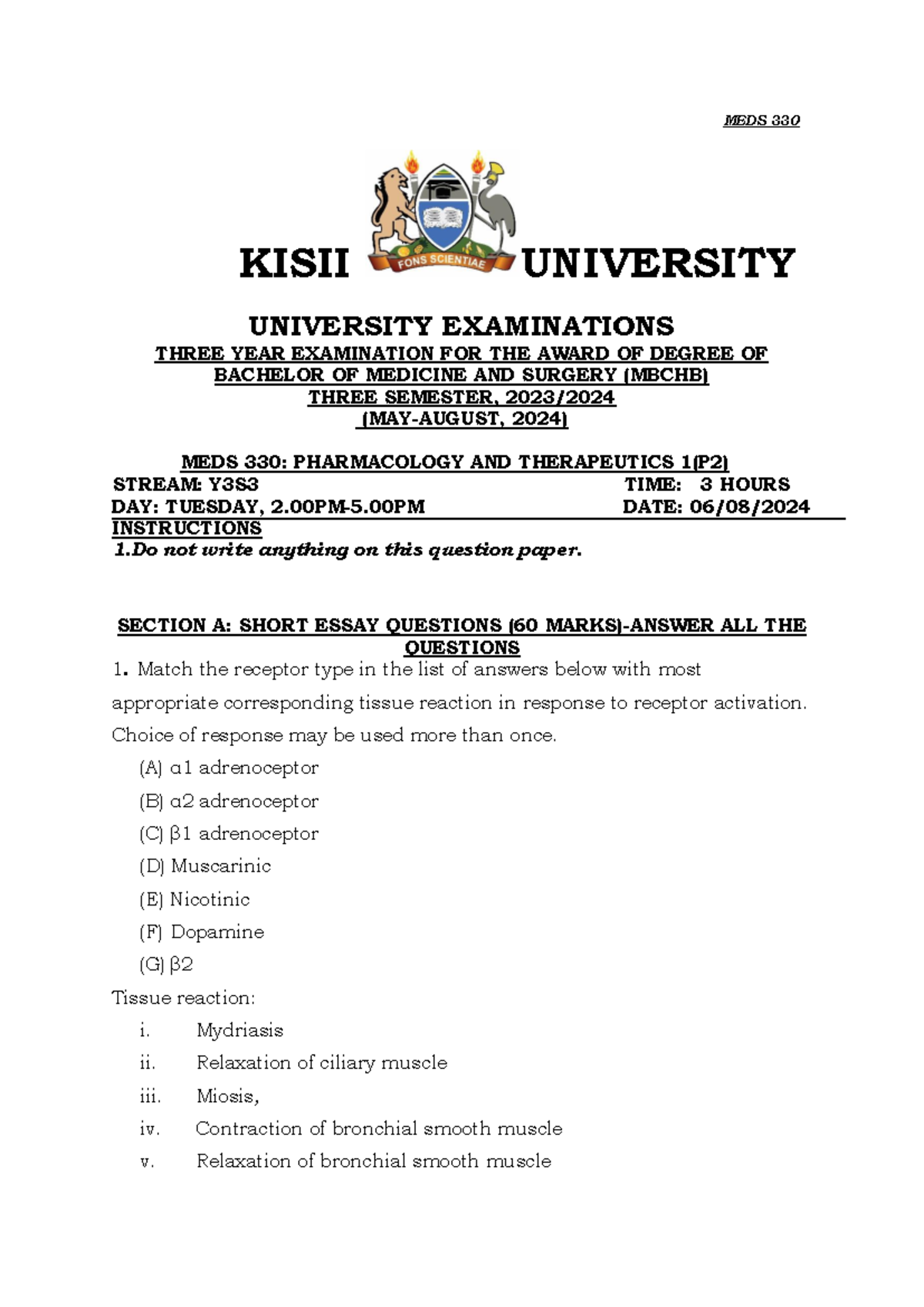 MEDS 330: Pharmacology & Therapeutics Exam Paper 2 - 2024 - Studocu