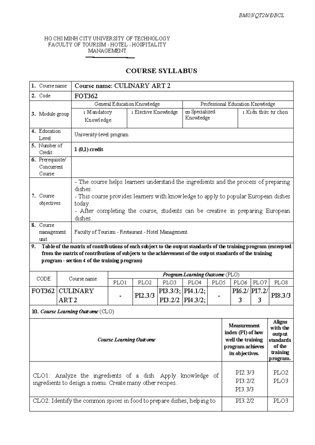 Culinary Art 2 Course Syllabus FOT362 - European Cuisine Techniques ...