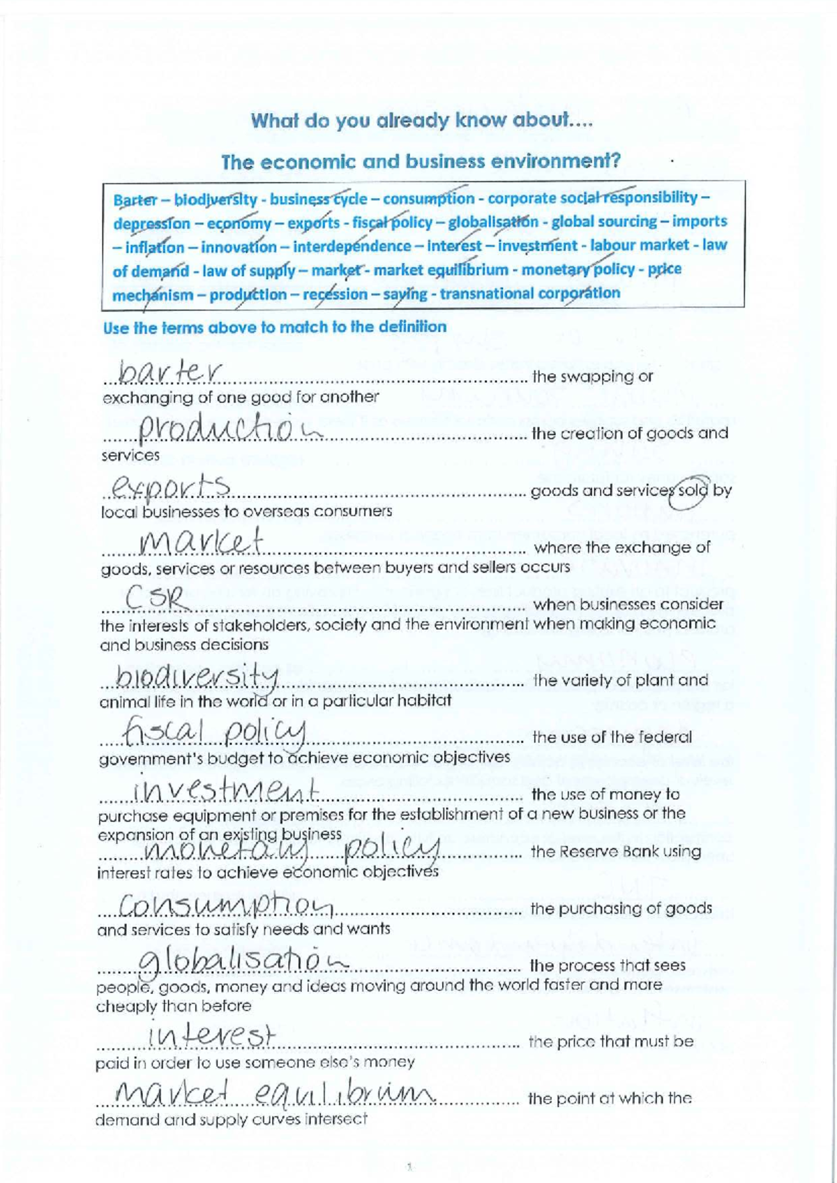 Economic & Business Environment Glossary - 1a Task Answers - Studocu