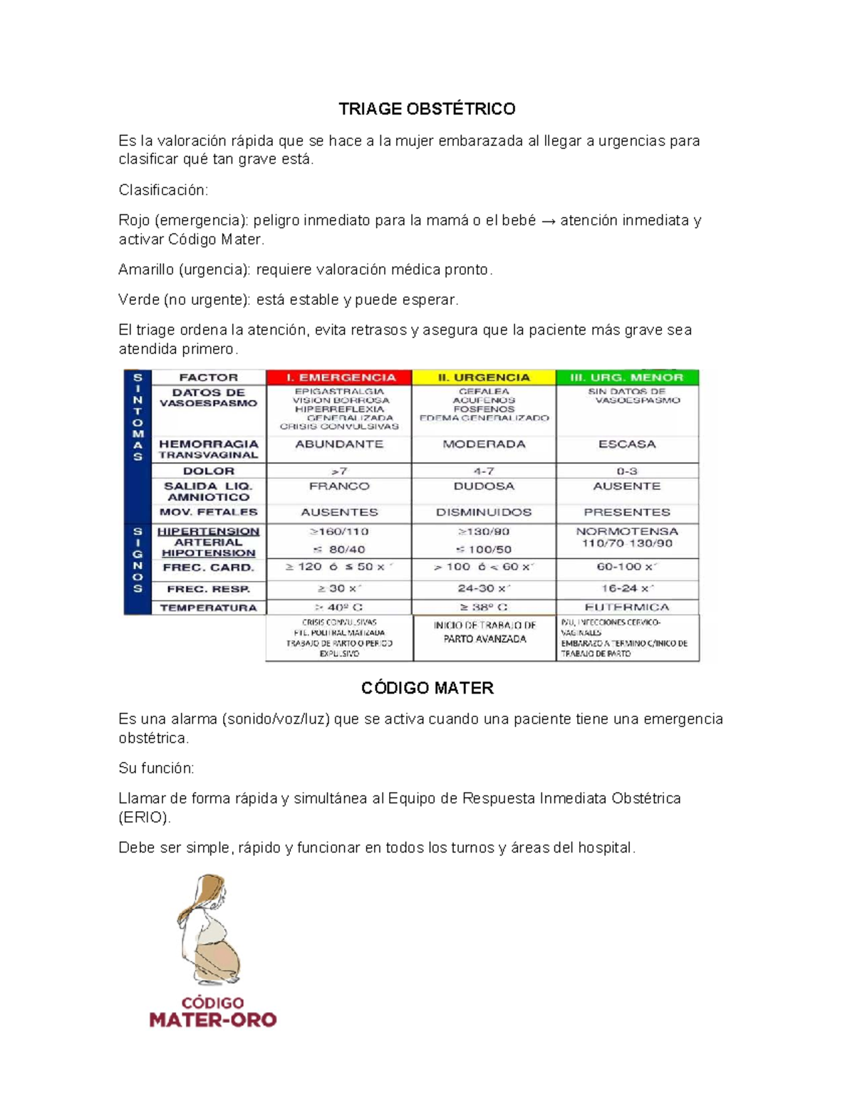 Triage Obstétrico: Clasificación y Código Mater en Urgencias - Studocu