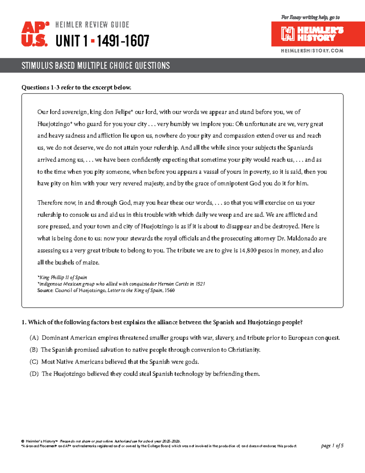 HEIMLER REVIEW GUIDE: AP US HISTORY UNIT 1 MCQs - Studocu