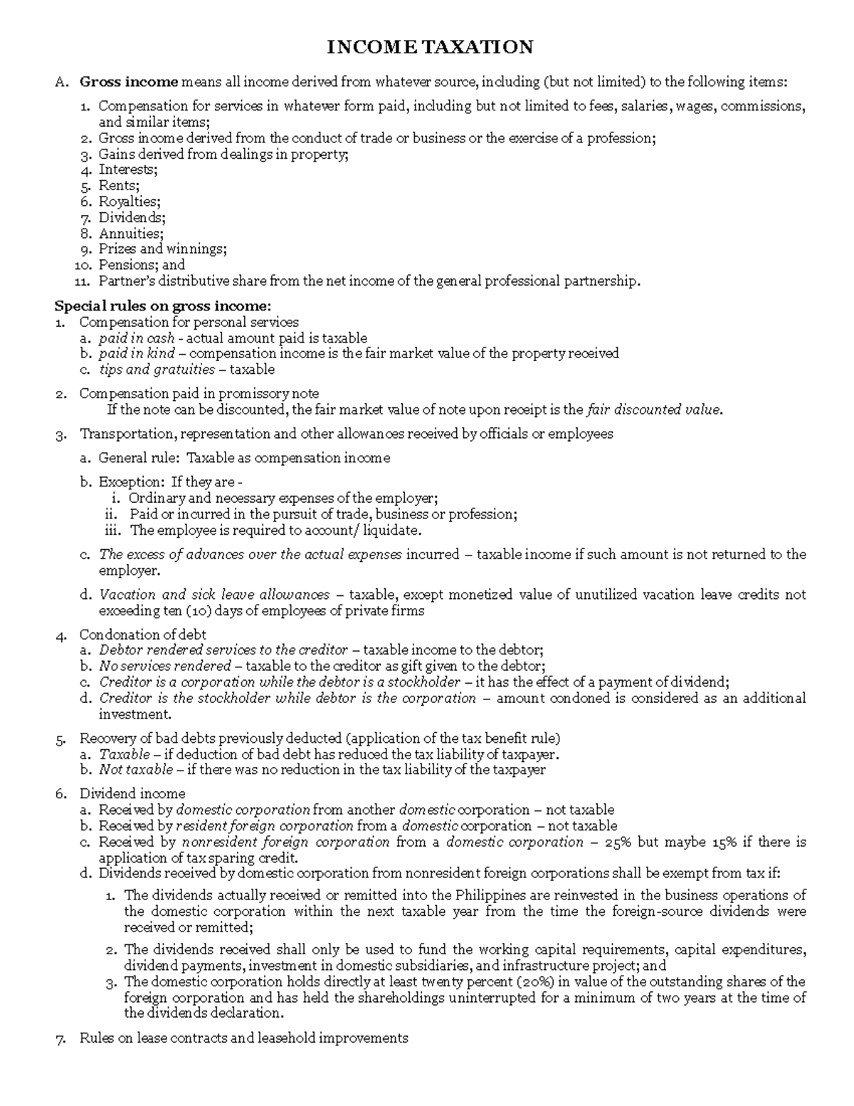 Income Taxation Overview: Key Concepts and Regulations - Studocu