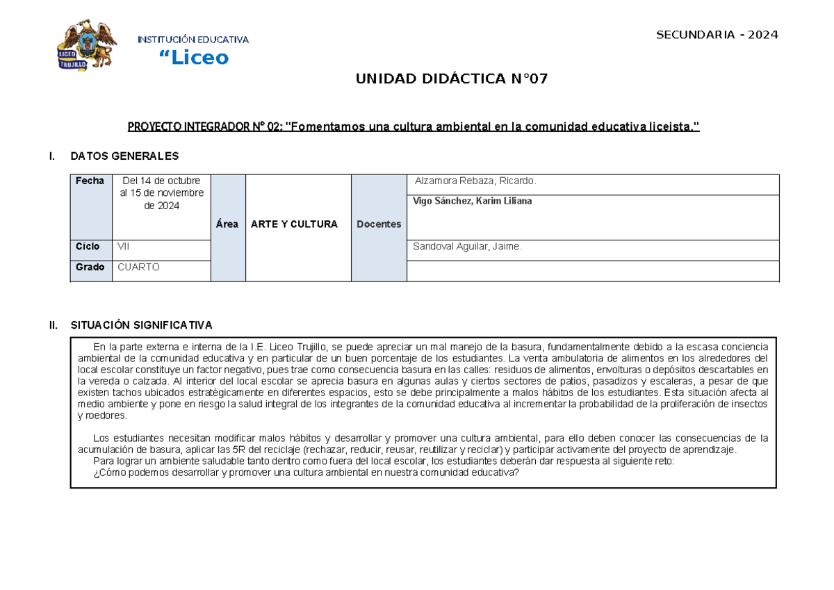 Setima Unidad - Fomentamos UNA Cultura Ambiental EN Nuestra Comunidad Educativa Liceista - - Studocu