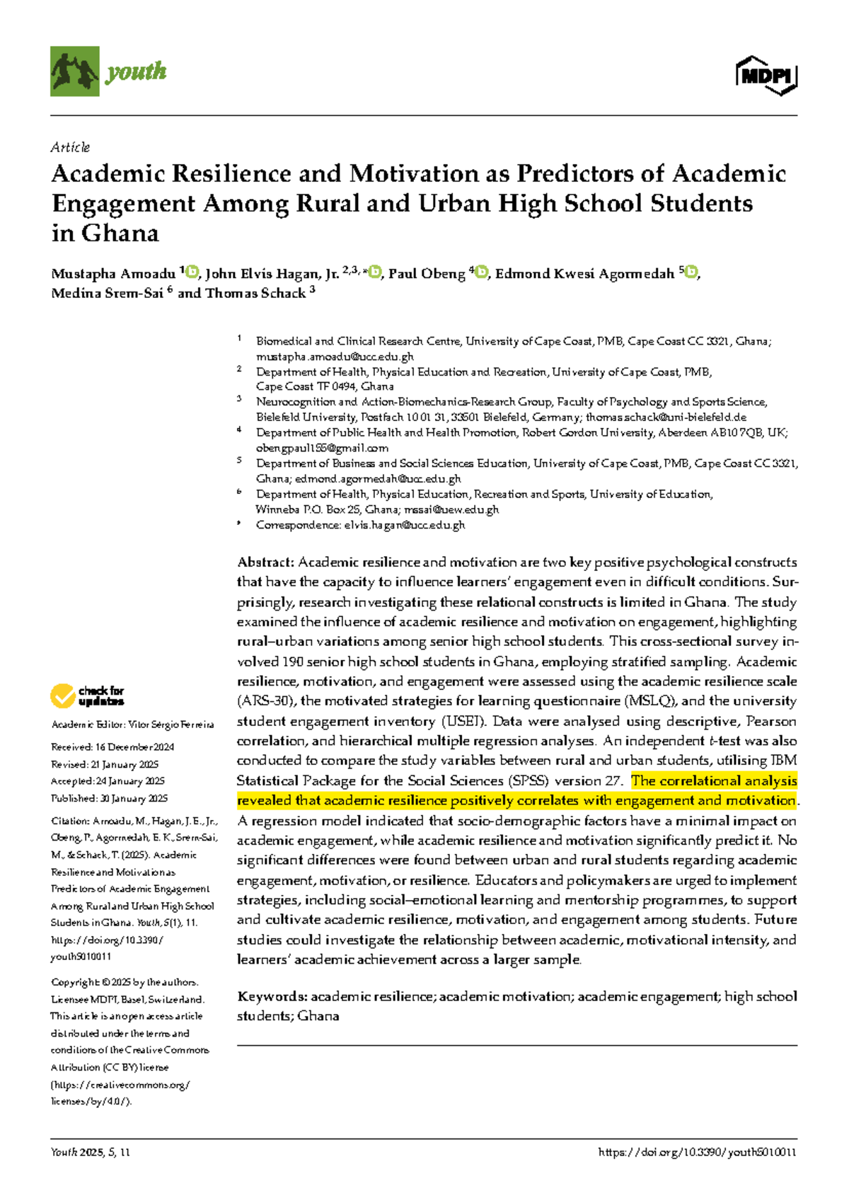 Academic Resilience & Motivation as Predictors of Engagement in SHS ...