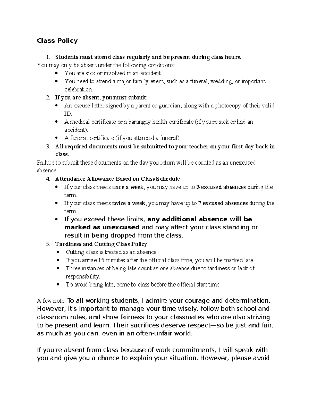 Class Policy Guidelines for Attendance and Participation - Studocu