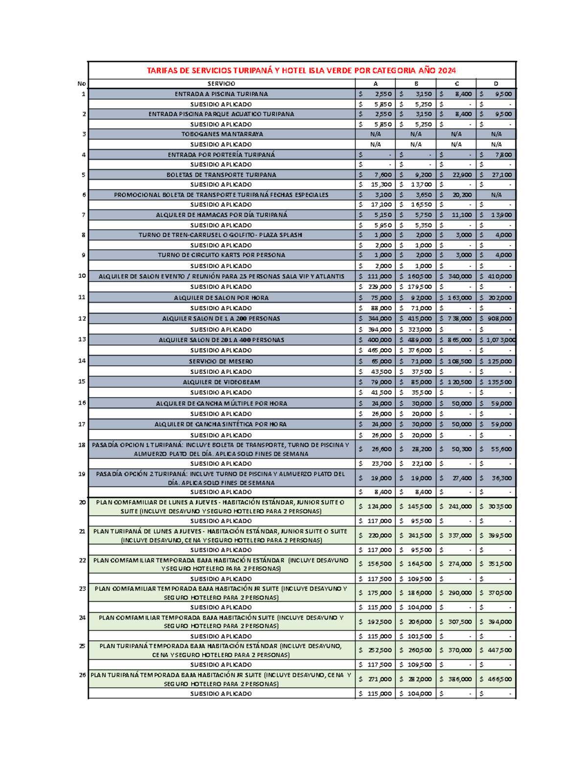 Tarifas de Servicios Turipaná 2024 - Detalles Completos - Studocu