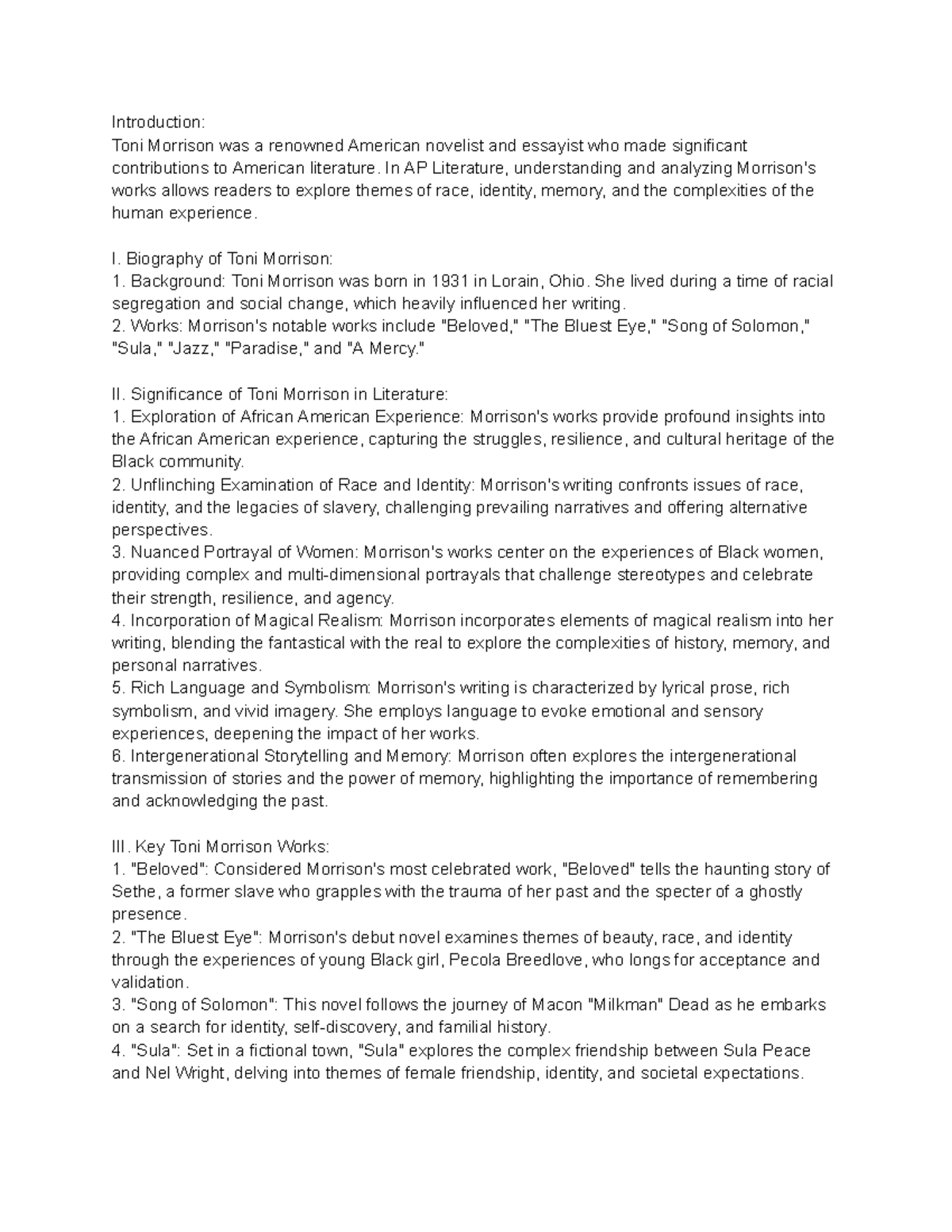 Toni Morrison's Impact on Literature: A Study for AP Lit Students - Studocu