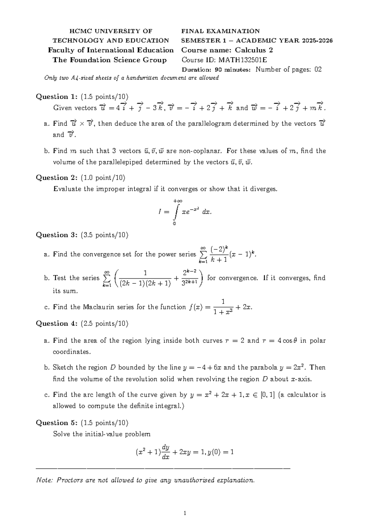 MATH132501E Final Exam Notes: Calculus 2 - Semester 1 - Studocu
