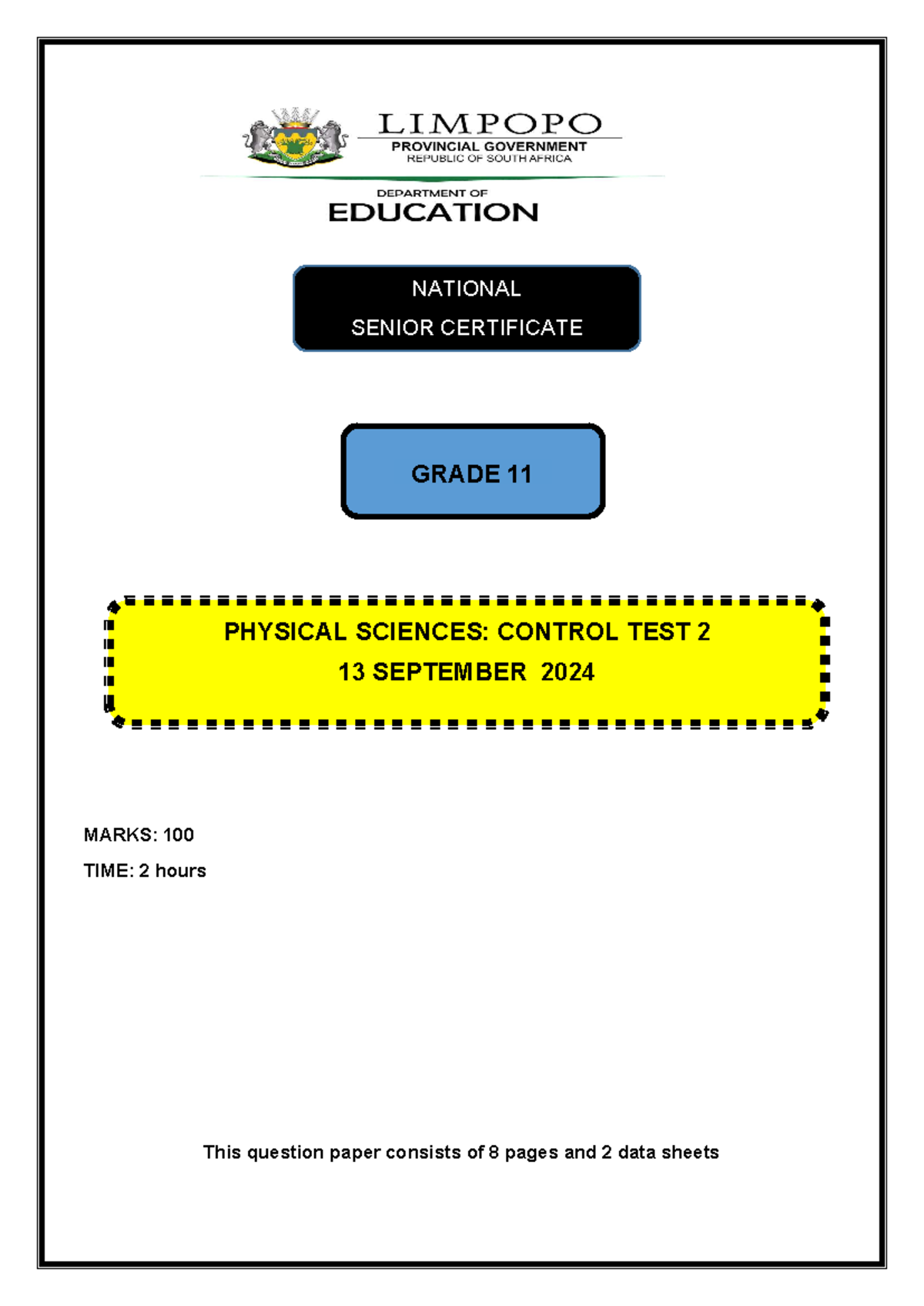 PHSC Gr 11 Control Test 2 - 13 Sept 2024 Exam Paper - Studocu