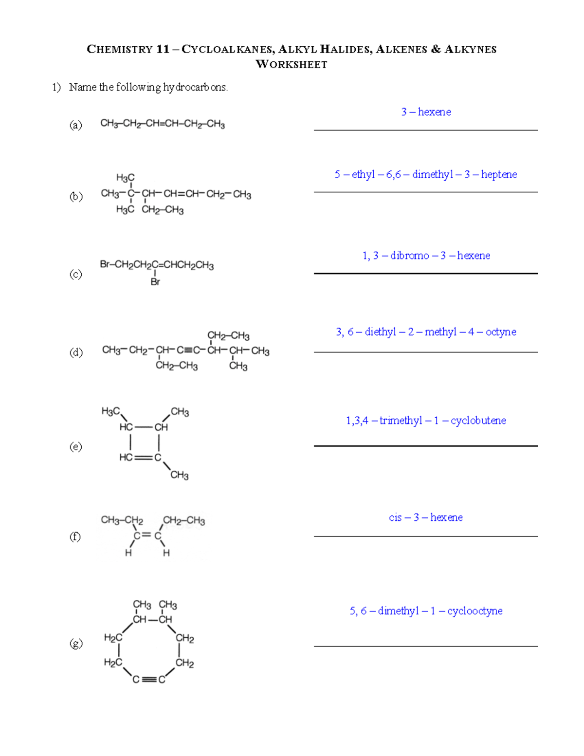Chemistry 11 - Cycloalkanes to Alkynes Worksheet Solutions - Studocu