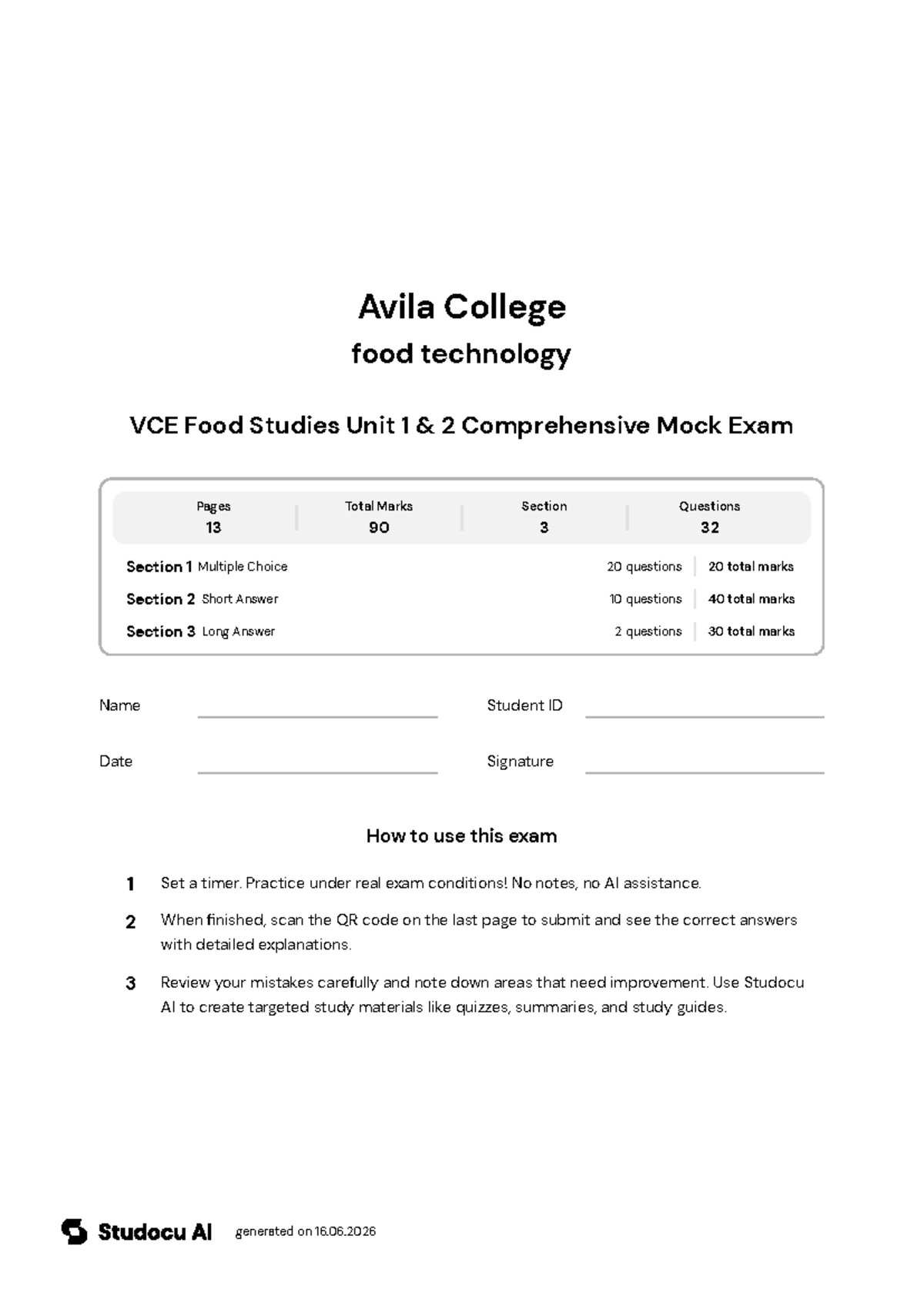 VCE Food Studies Unit 1 & 2 Mock Exam - Studocu