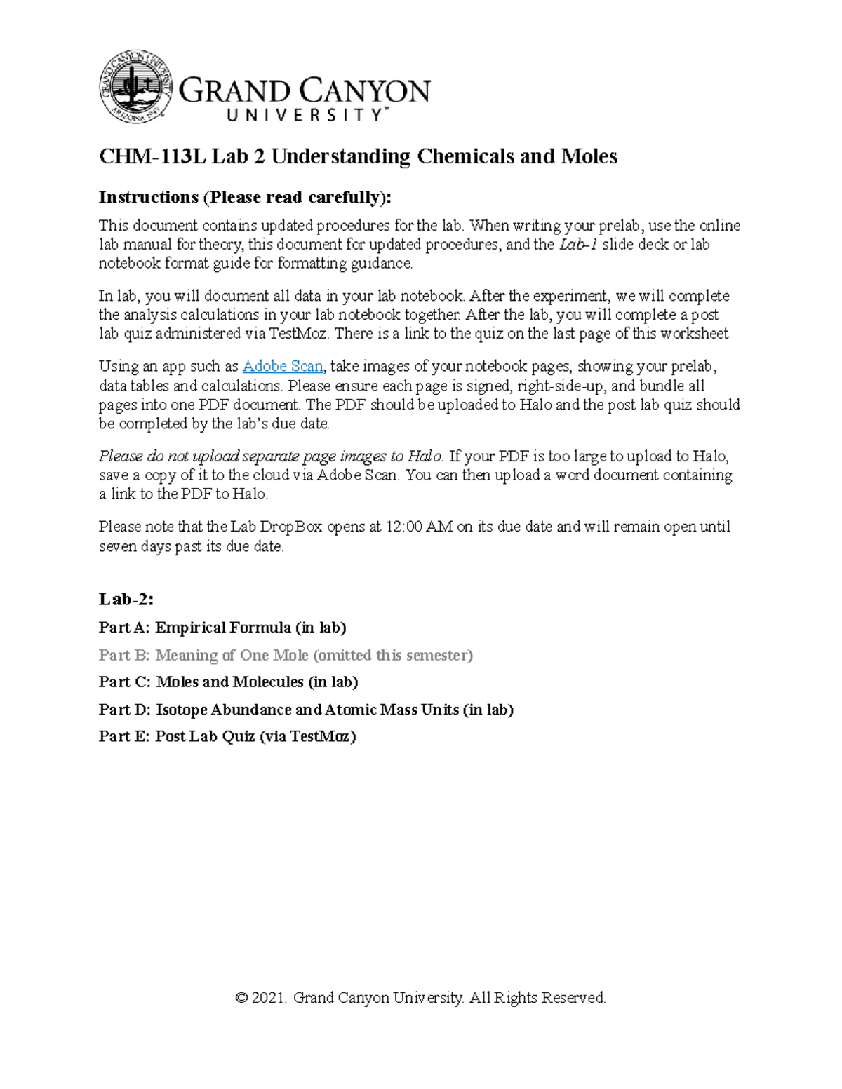 CHM113L L2 Chemicals Moles Updated Procedures FA22 - CHM-113L Lab 2 ...