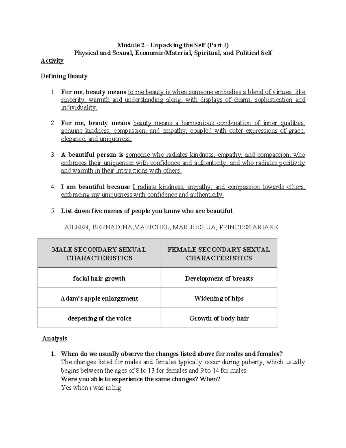 Module 2: Understanding the Self & Changes in Secondary Characteristics ...