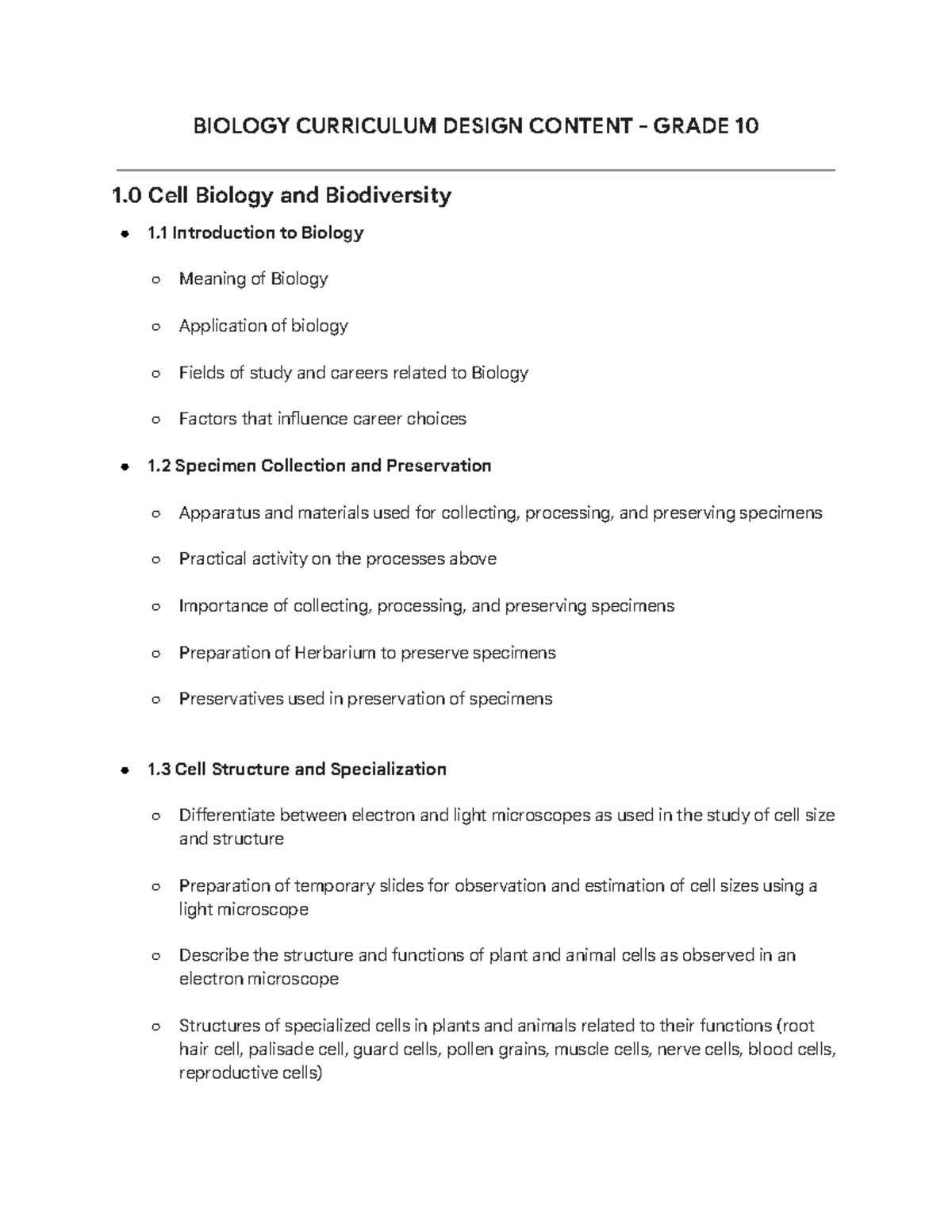 BIO 10: Curriculum Design - Cell Biology & Biodiversity Overview - Studocu