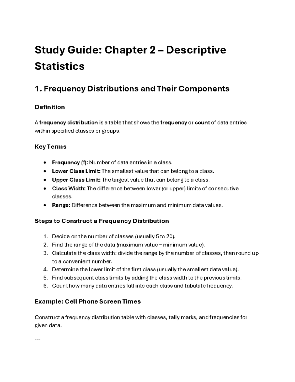 Detailed Study Guide: Chapter 2 - Descriptive Statistics (Elem. Stats ...