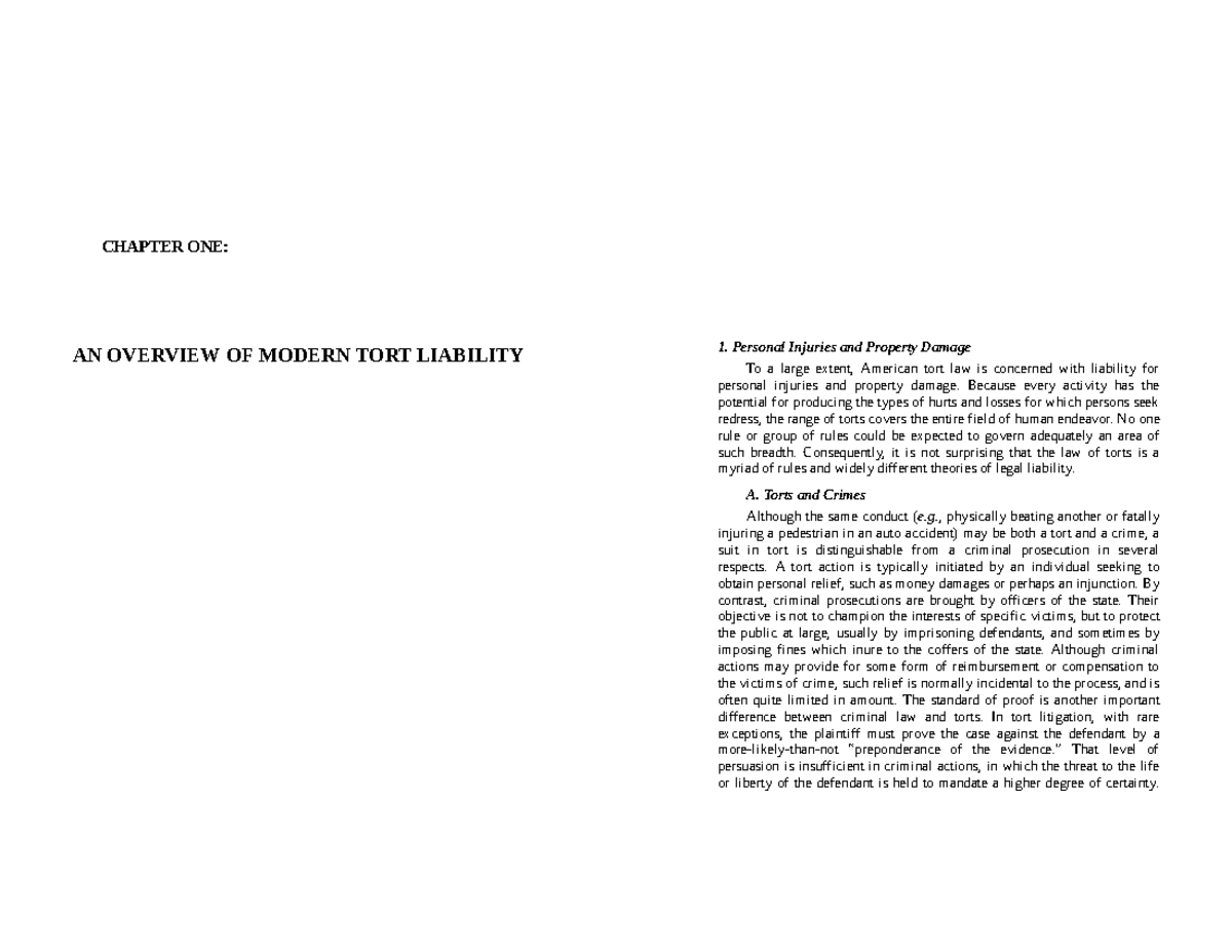 Tort 1 - Overview of Modern Tort Liability - Studocu