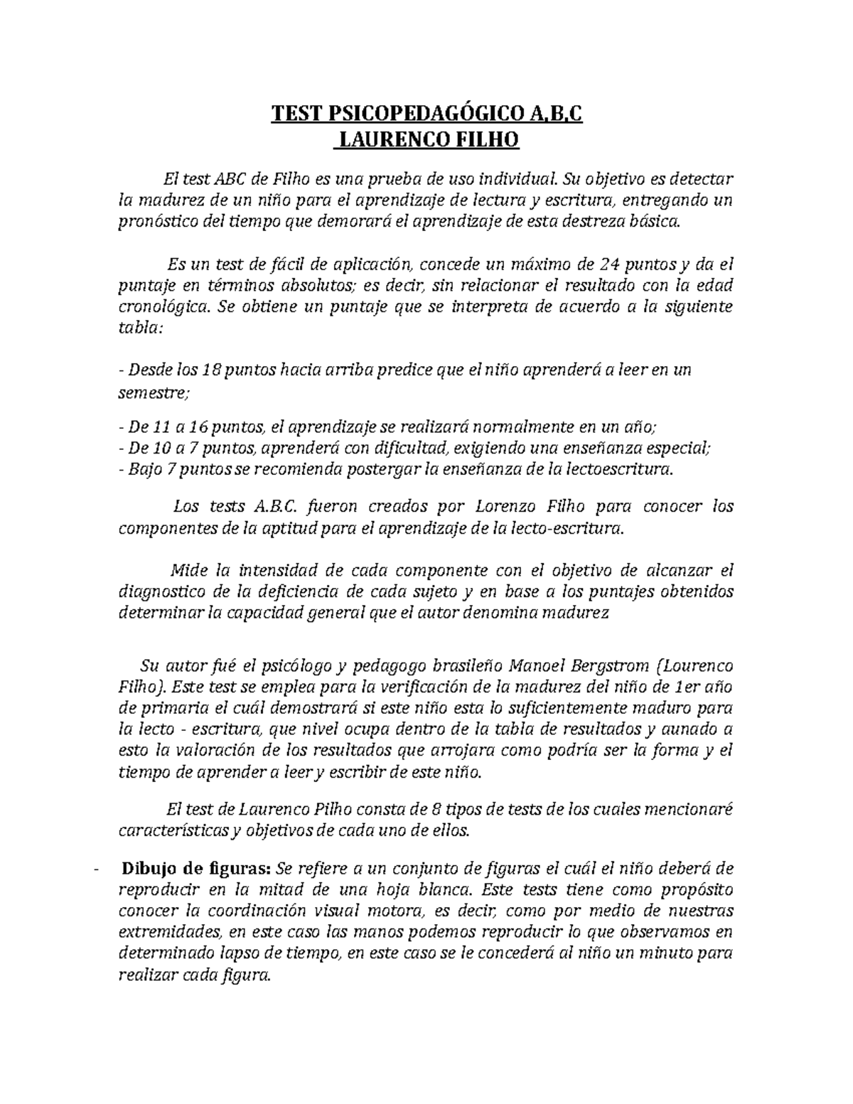 Test ABC - Evaluación de la Madurez para la Lectura y Escritura - Studocu