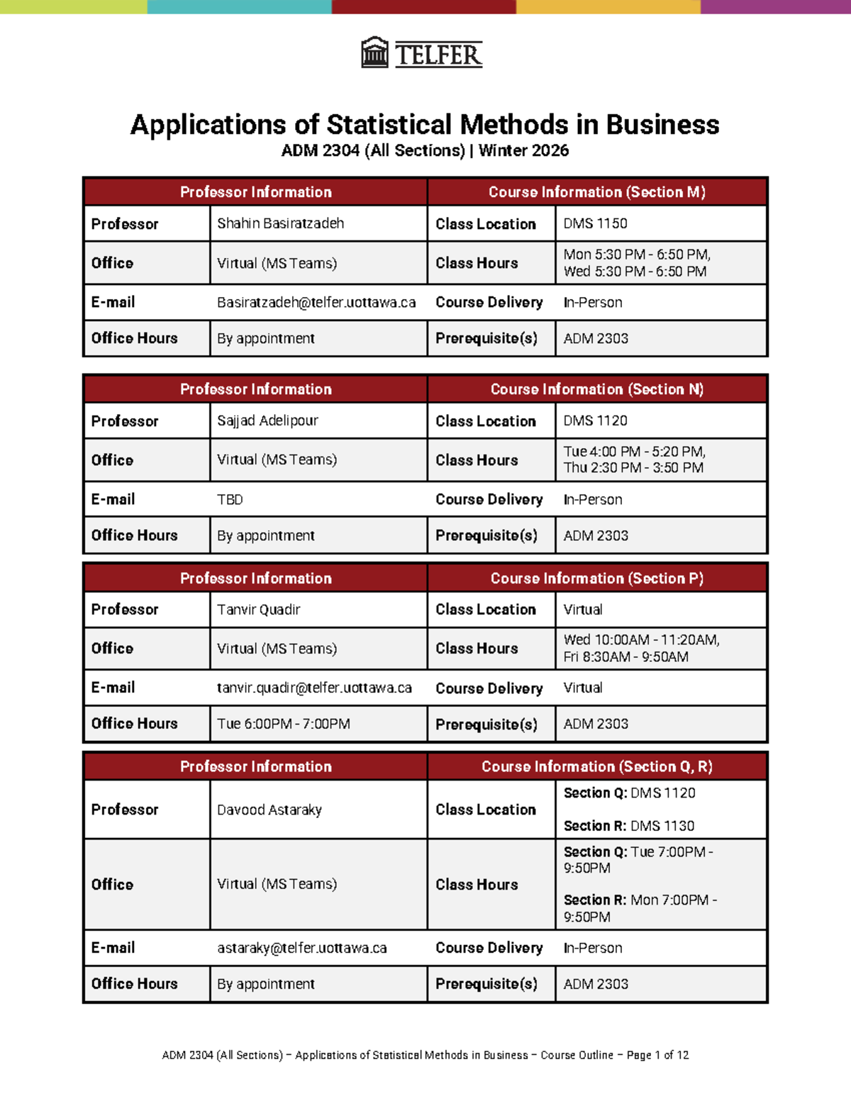 ADM 2304 Course Outline: Applications of Statistical Methods in ...