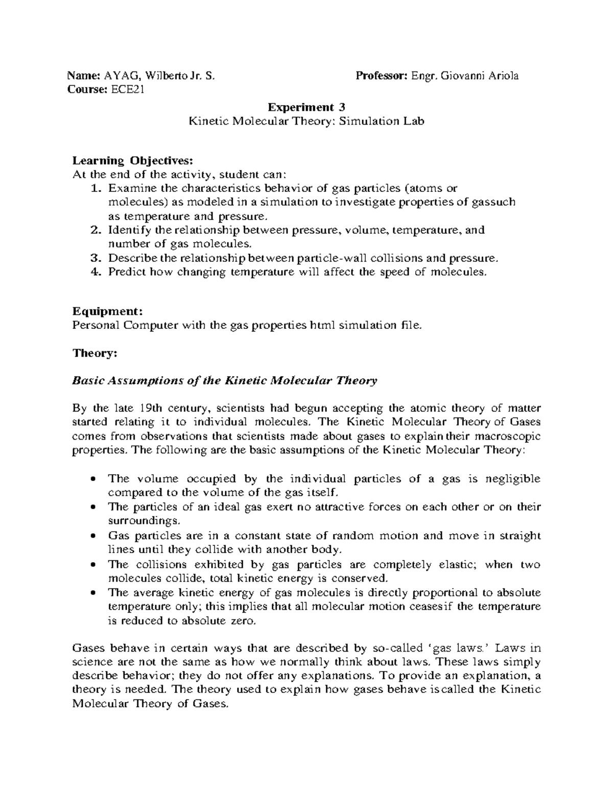 ECE Kinetic Molecular Theory Experiment 3 Simulation Lab Notes - Studocu