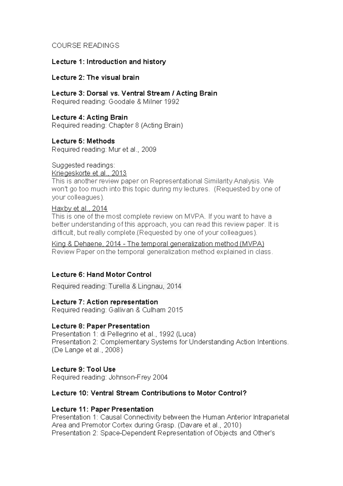 COURSE READINGS: Lecture Notes on Brain Function & Action (PSY 101 ...