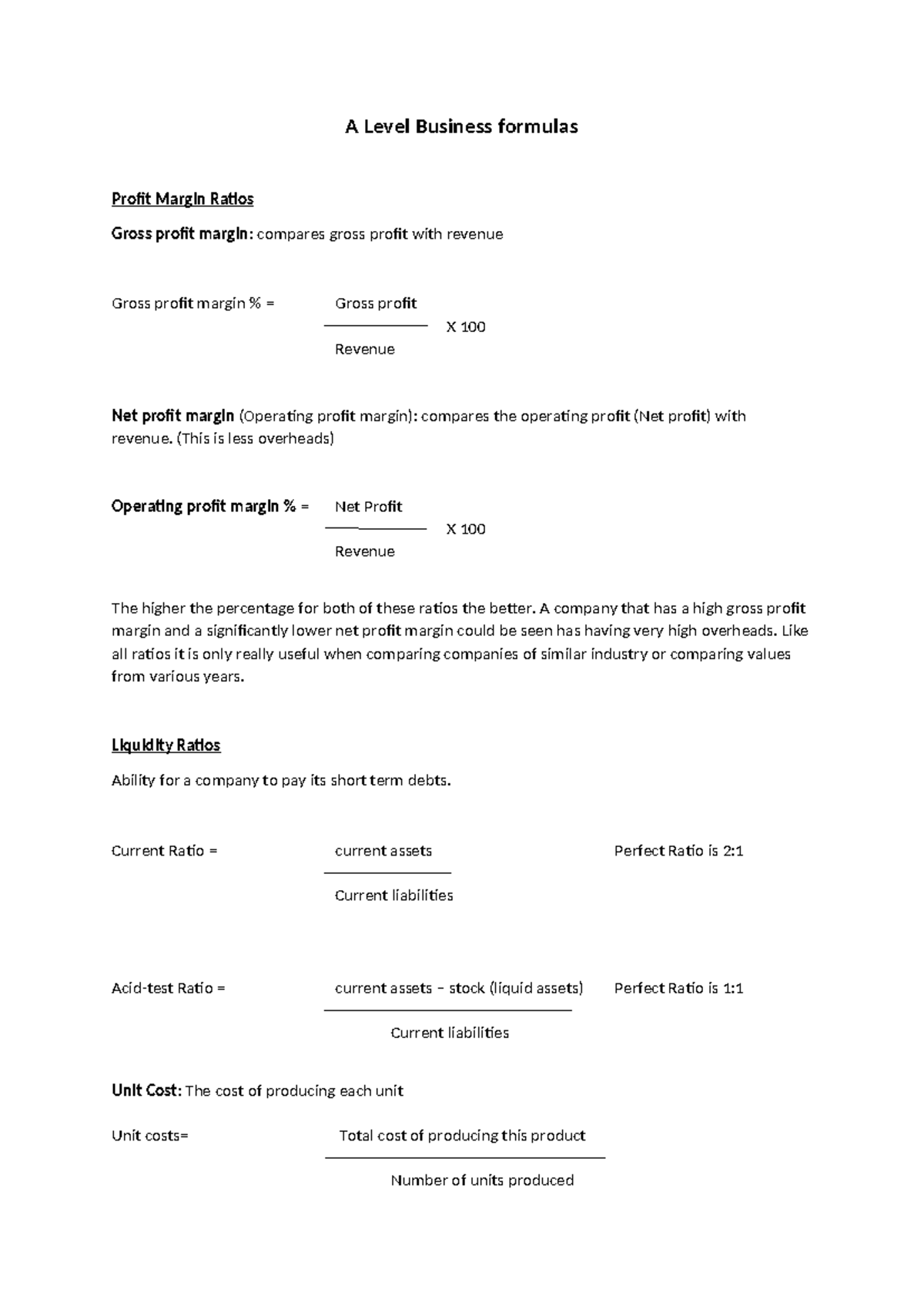 A Level Business: Key Formulas and Ratios Overview - Studocu