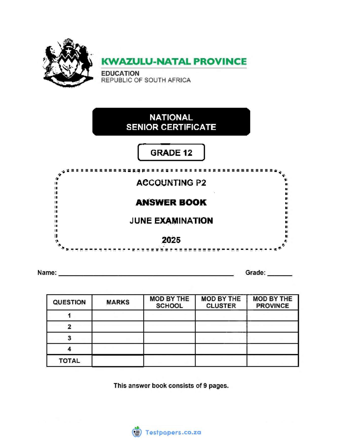 Accounting Grade 12 NSC Answer Book P2 June Exam 2025 - Studocu