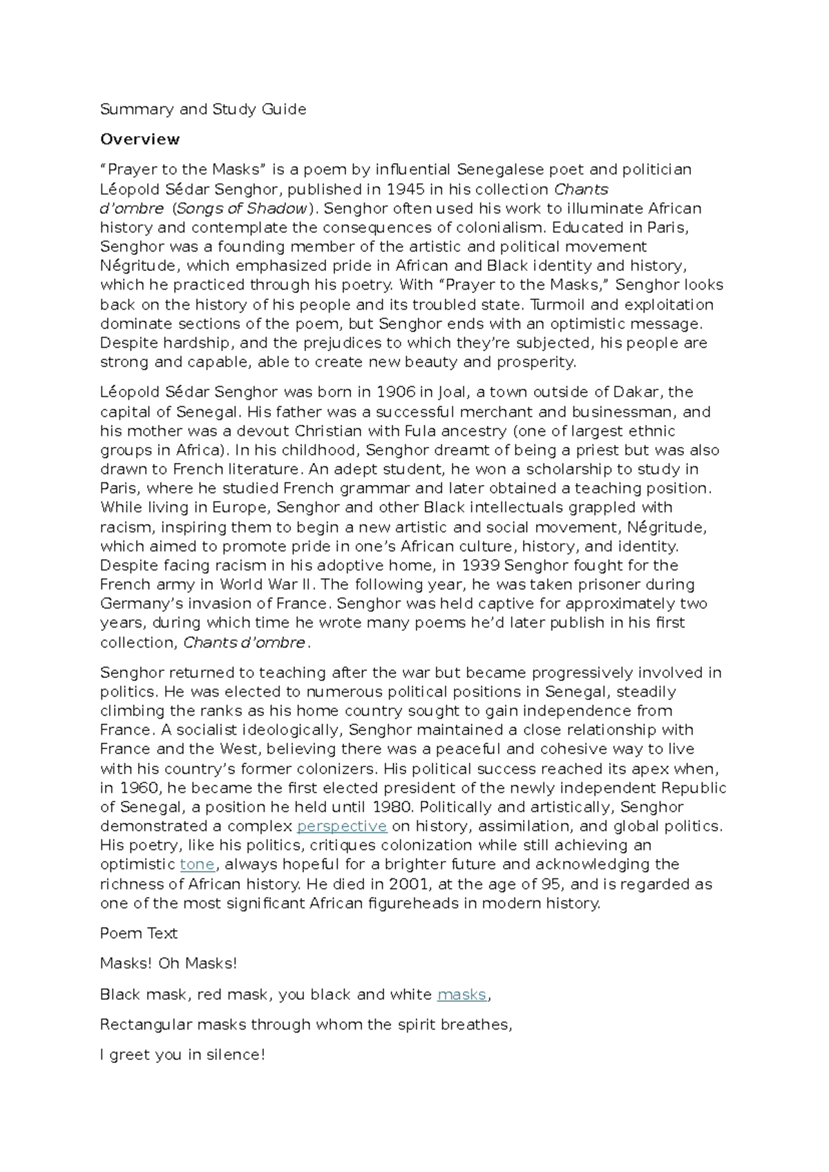 Summary and Study Guide: Léopold Sédar Senghor's “Prayer to the Masks ...