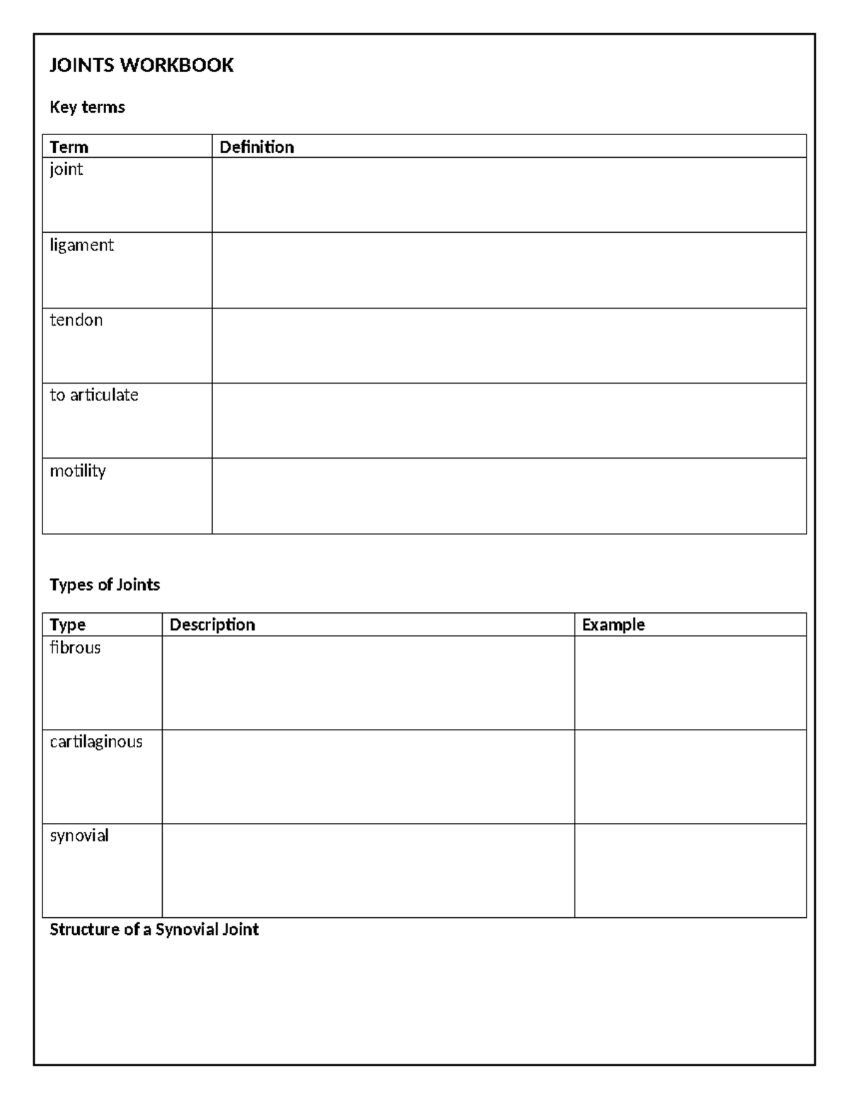 IB SEHS Joints Workbook: Types, Injuries, and Functions Explained - Studocu
