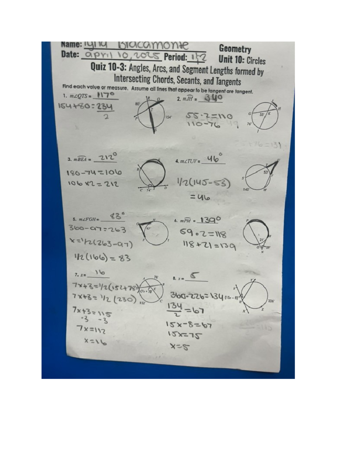 Quiz 10-3 geometry: Angles, arcs, and segment lengths in circles - Studocu