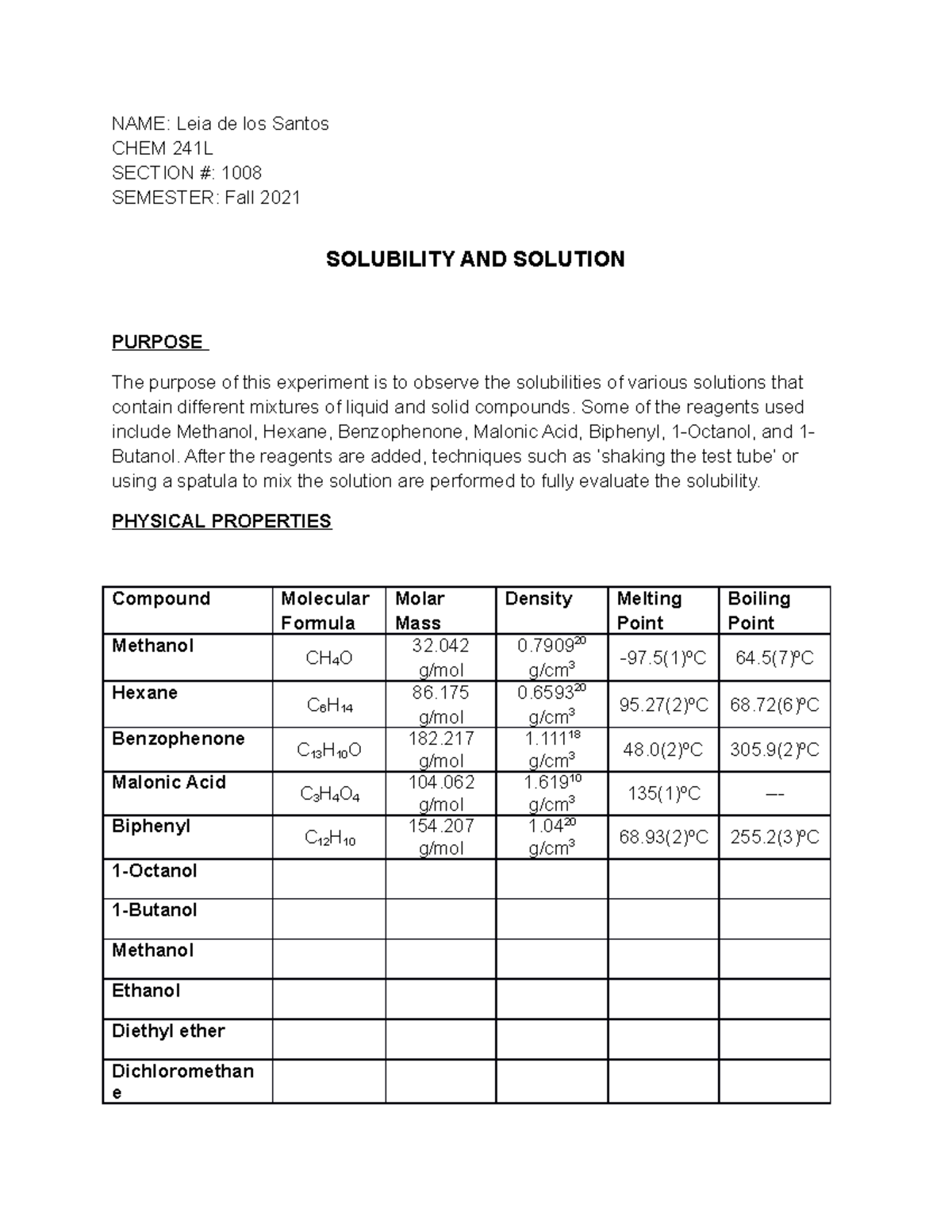 Lab #1 - Investigating Solubility of Compounds (CHEM 241L) - Studocu