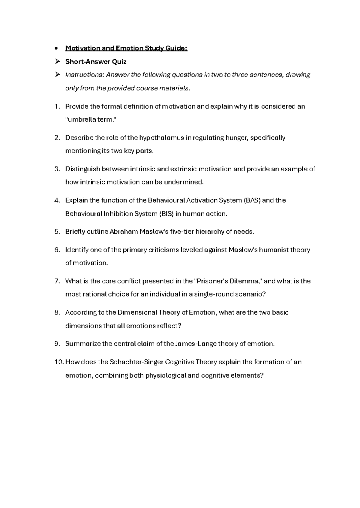 Motivation and Emotion Study Guide: Quiz Overview and Key Concepts ...