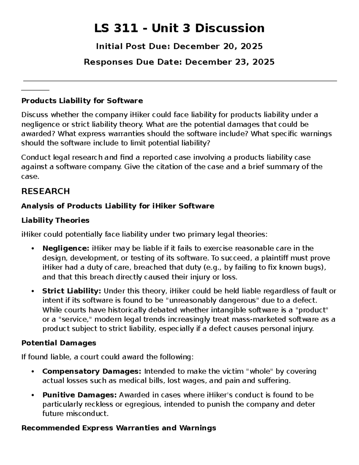 LS 311 Unit 3 Discussion: Analyzing iHiker's Products Liability Risks ...
