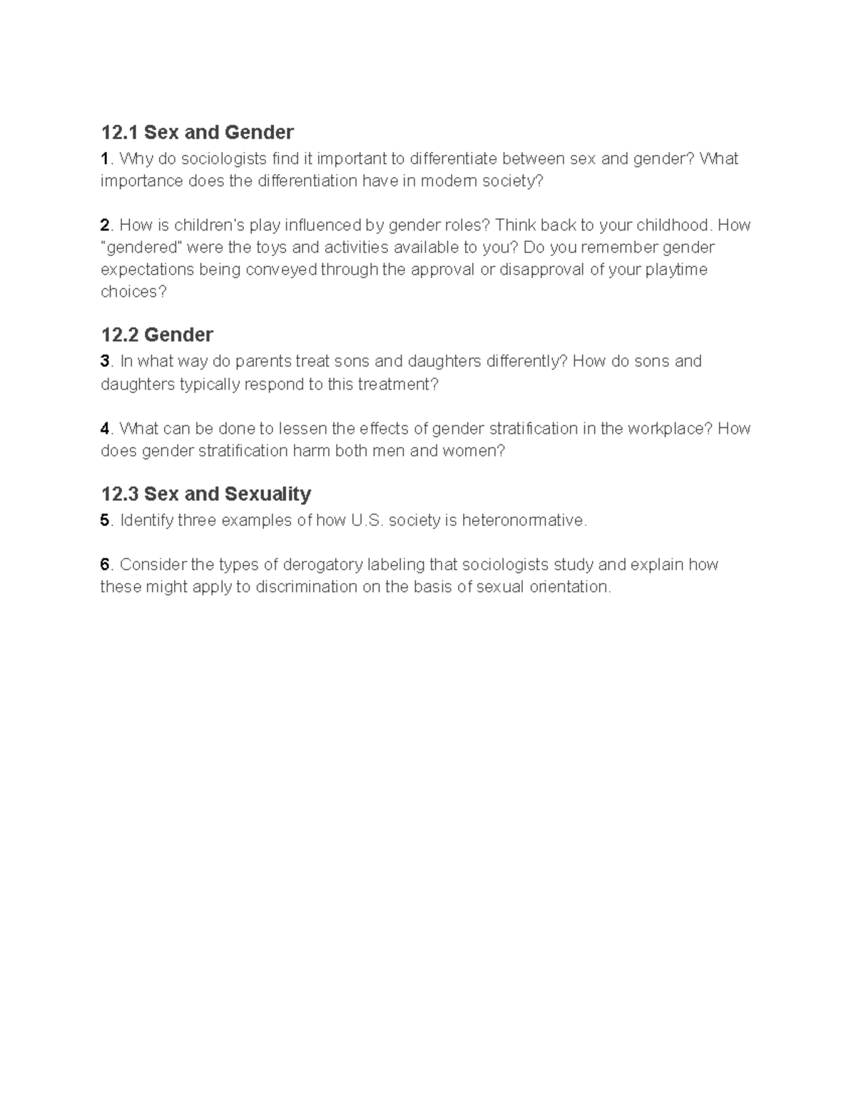 Chapters 12 Short Answer Questions Without Answers - 12 Sex and Gender ...