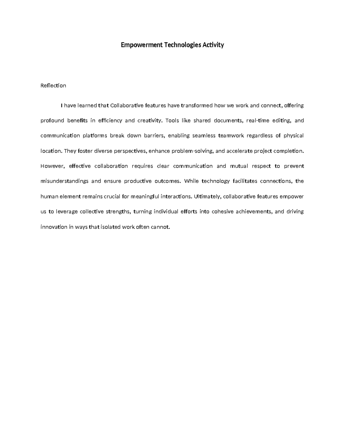 Empowerment Technologies: Collaborative Features Reflection Activity ...