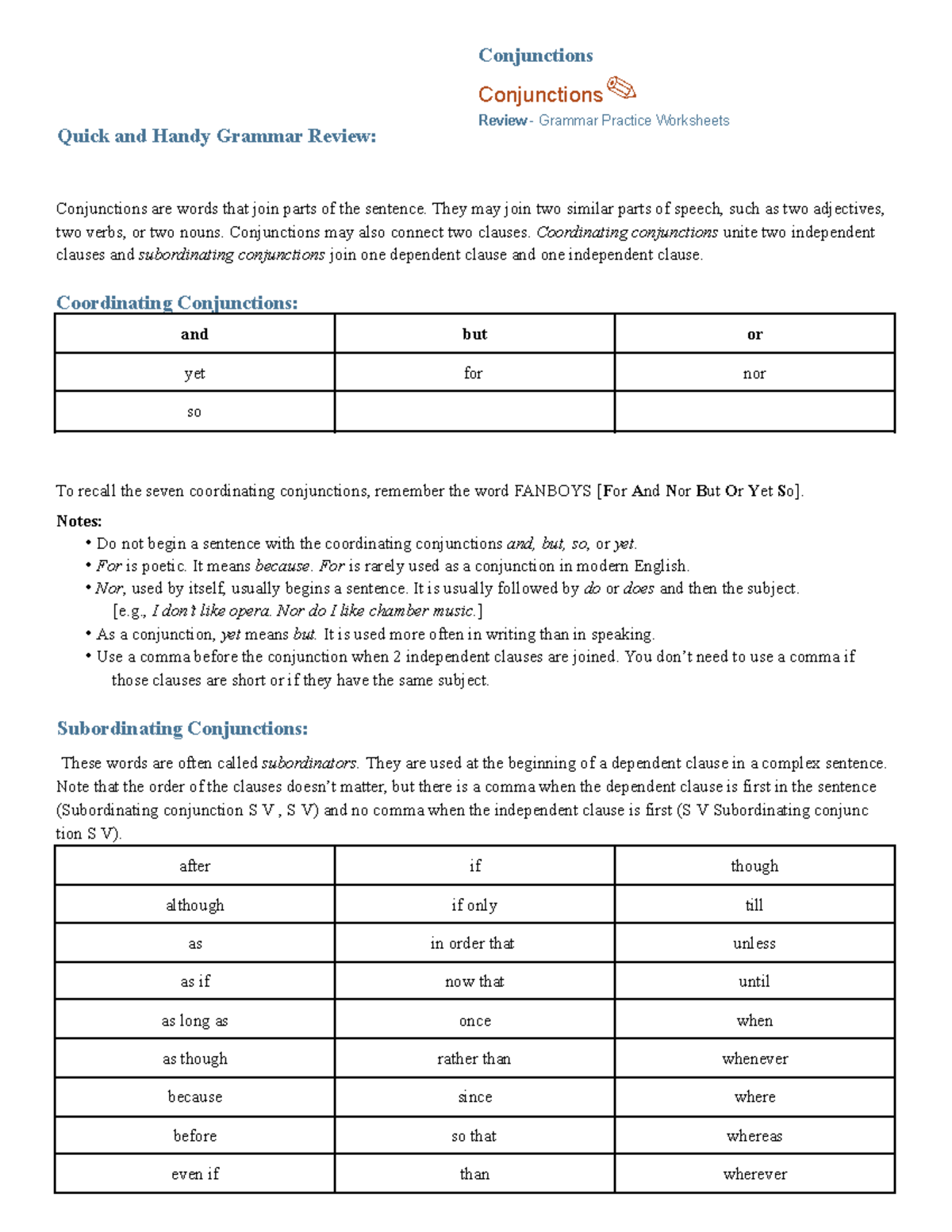 Conjunctions - Quick Grammar Review & Practice Worksheets (ENG 101 ...