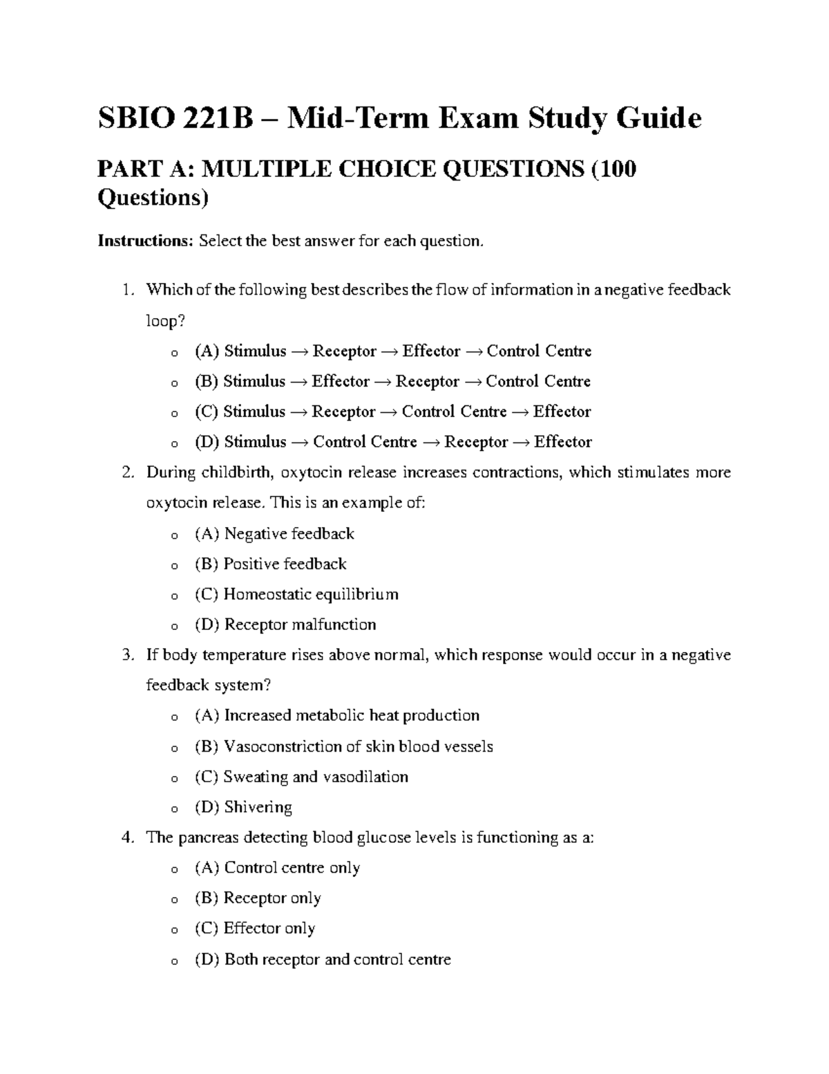 SBIO 221B Mid-Term Exam Study Guide: Multiple Choice Questions - Studocu