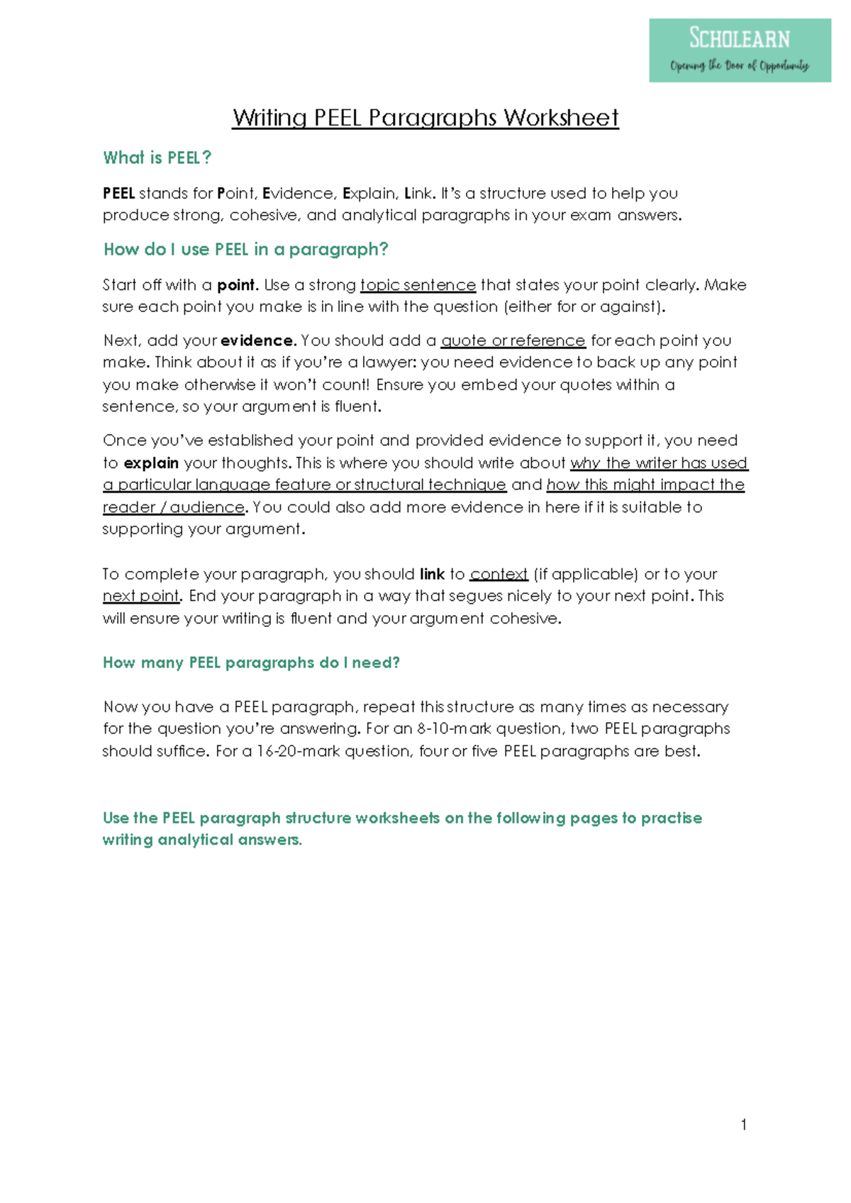 PEEL Paragraph Writing Worksheet: Guidelines & Examples - Studocu