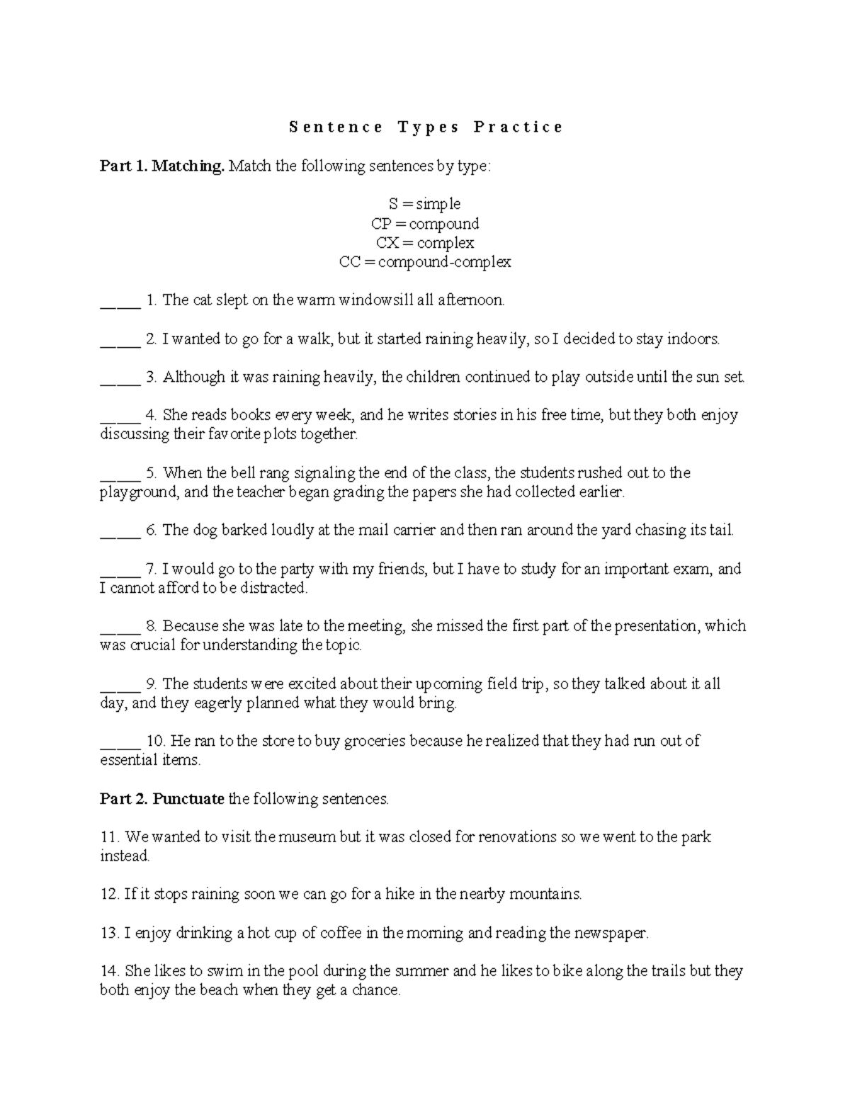 Sentence Types Practice 1: Matching & Punctuation Exercises - Studocu
