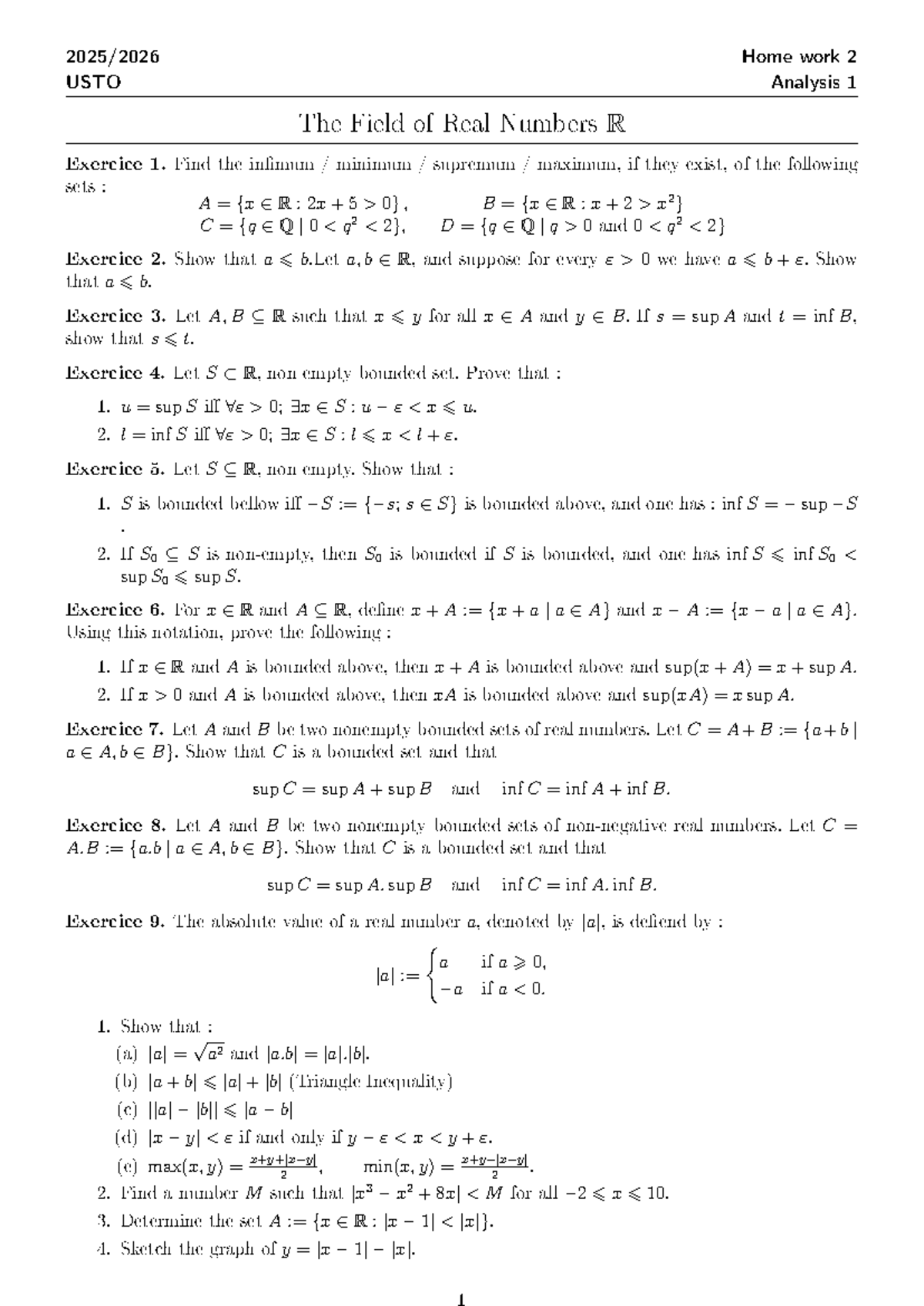 HW1 2526 - Analysis of Real Numbers: Exercises and Proofs - Studocu