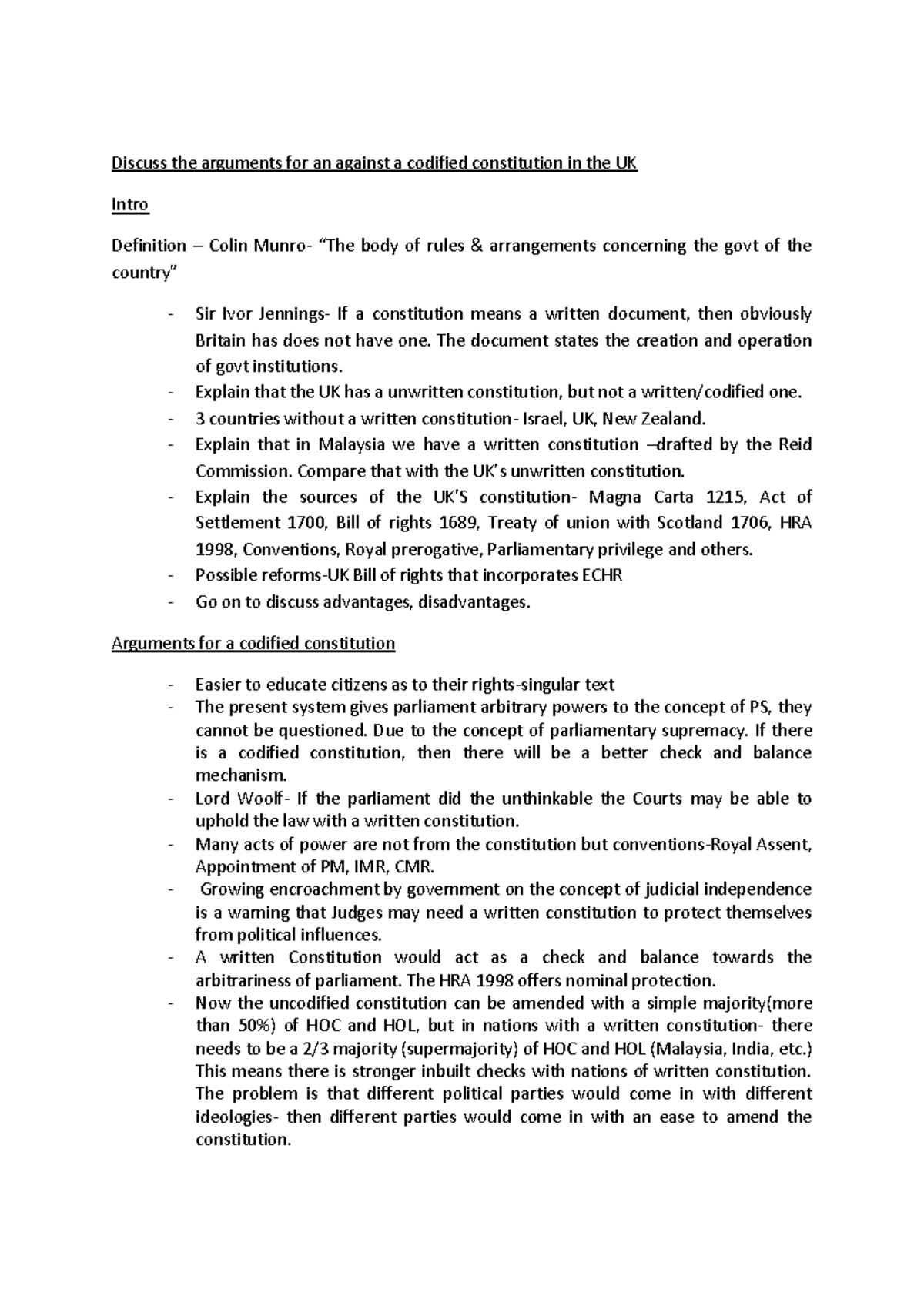 Arguments For and Against a Codified Constitution in the UK: A Study ...