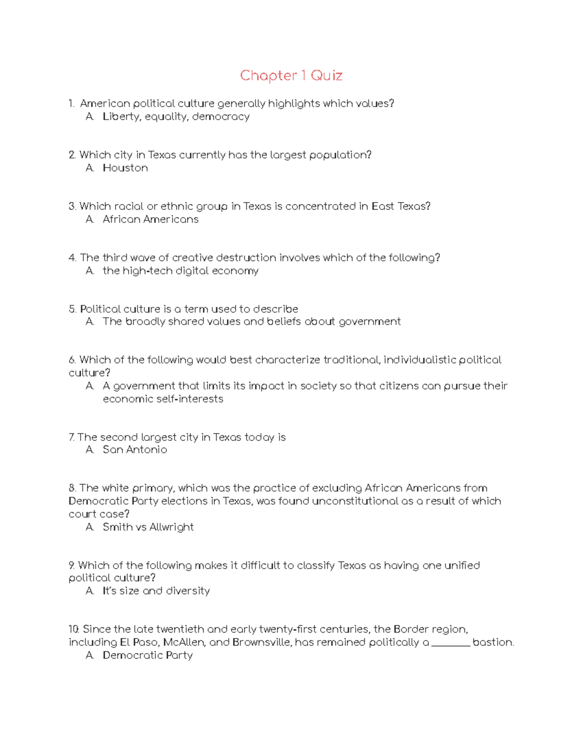 GOVT 101 Chapter 1 Quiz Review: Key Concepts & Questions - Studocu
