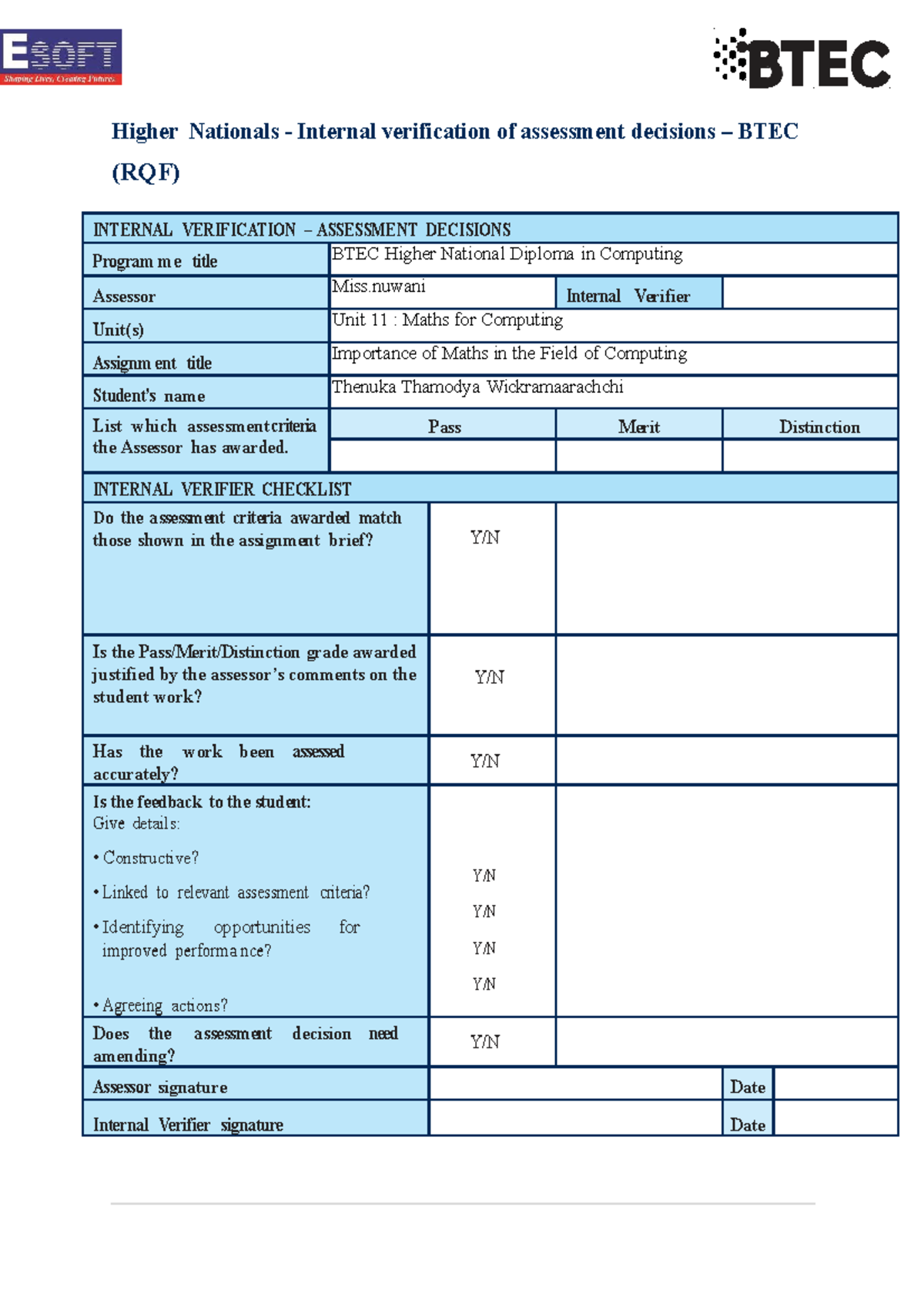 Maths For Computing Assignment Higher Nationals Internal Verification Of Assessment