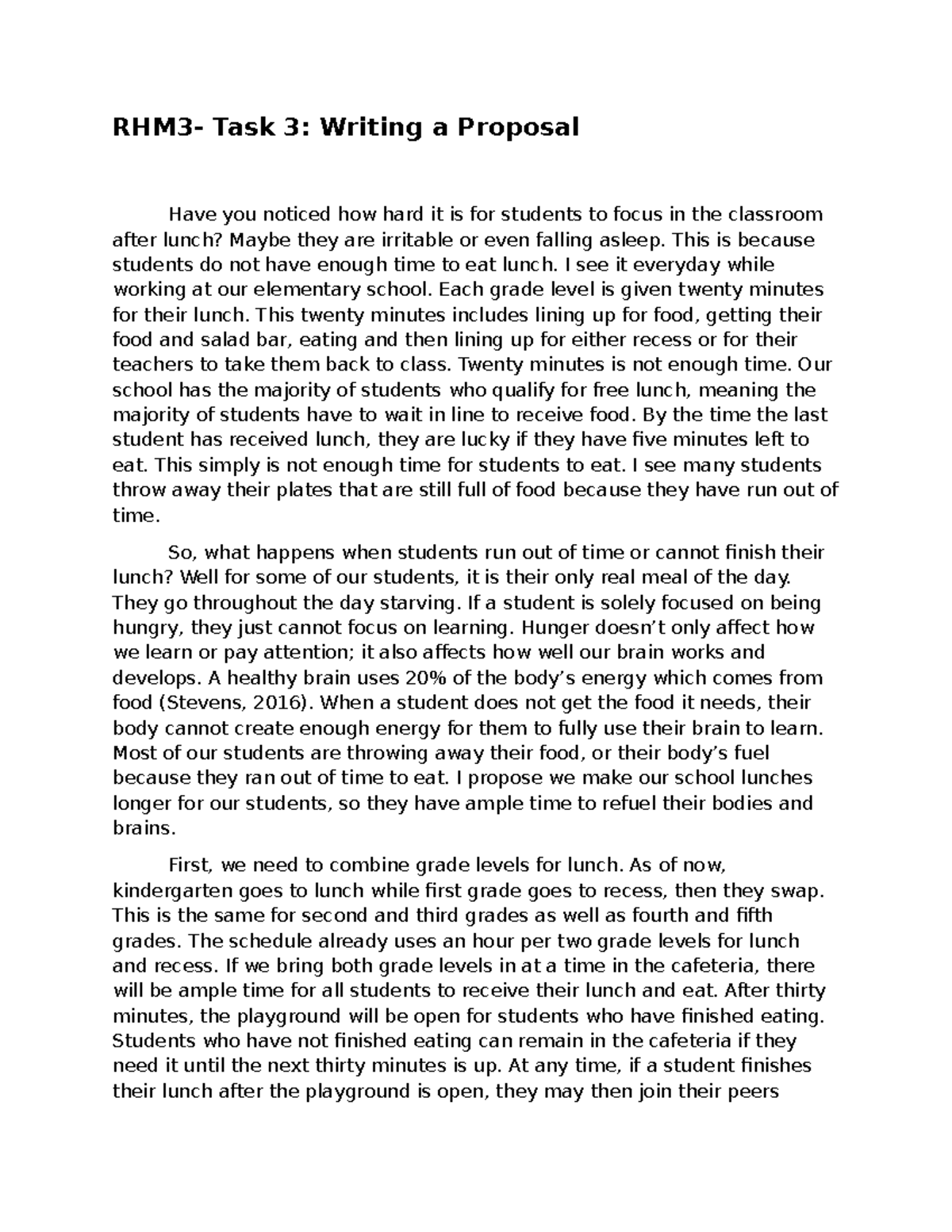 RHM3 - Task 3: Proposal for Extended Lunch Periods in Schools - Studocu