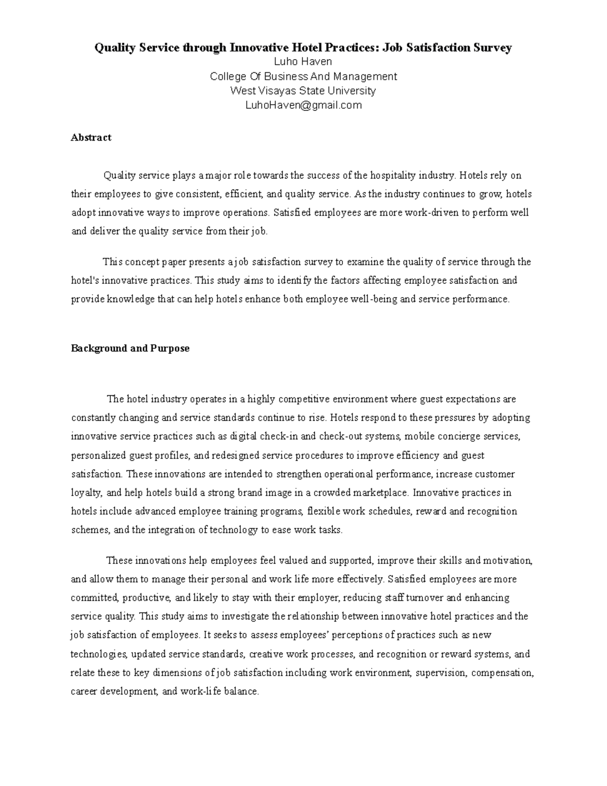 Job Satisfaction Survey on Innovative Hotel Practices: A Study at Luho ...