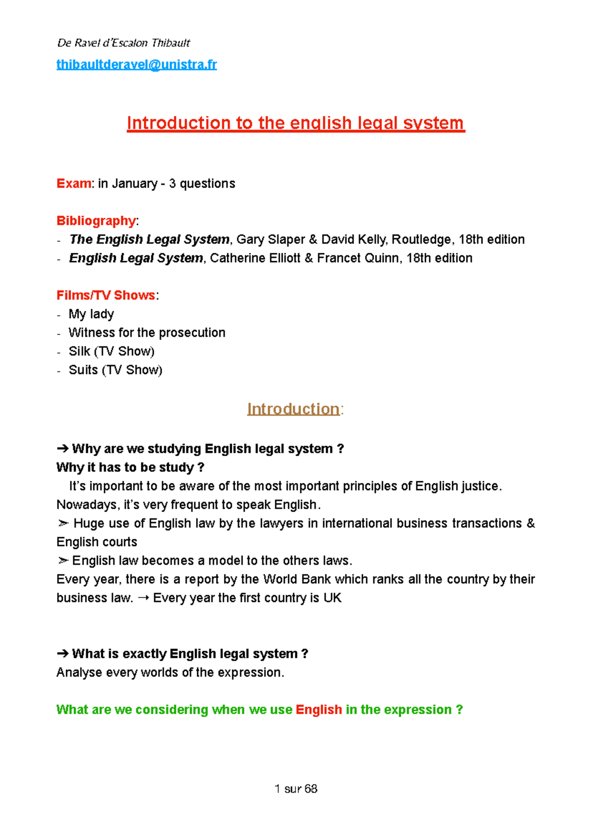 English Legal System Overview: Exam Notes for LAW101 Final Exam - Studocu