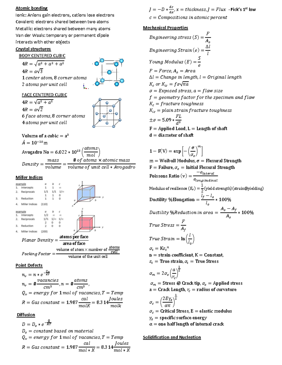 Materials Formula Sheet (Final) - Warning: TT: undefined function: 32 Atomic bonding Ionic ...