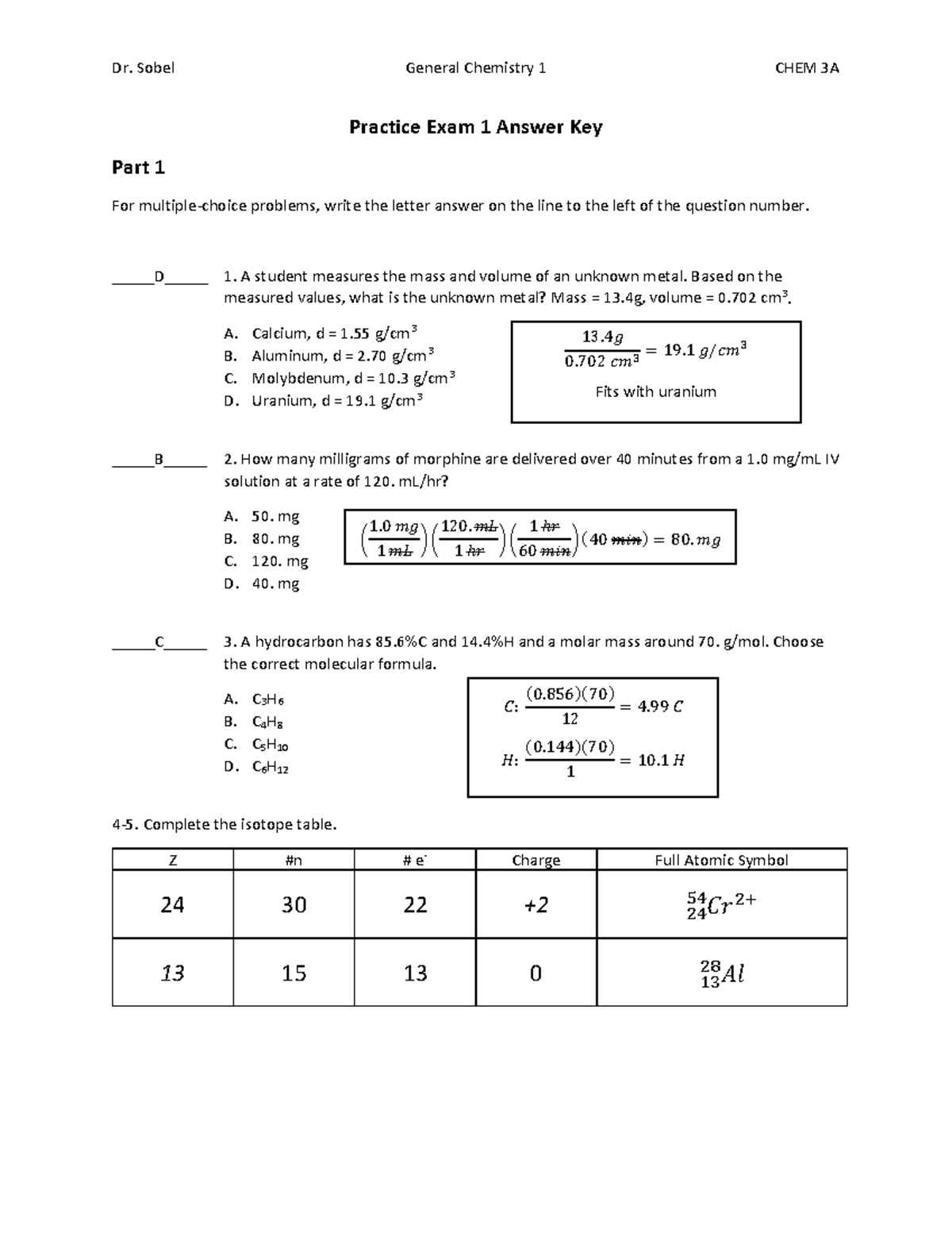 Answer Key for CHEM 3A Exam 1 Preparation (2024) - Studocu