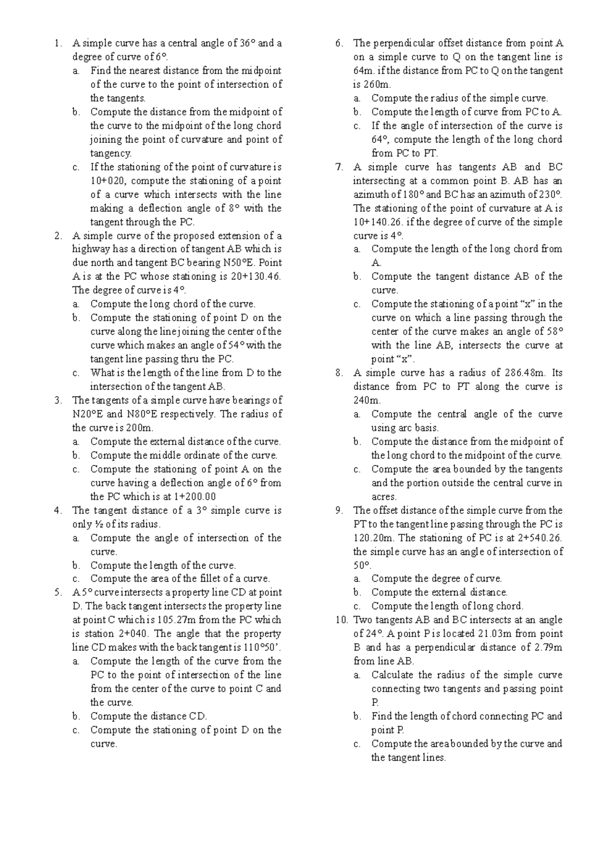 Simple Curves Analysis - Route Surveying Techniques and Calculations - Studocu
